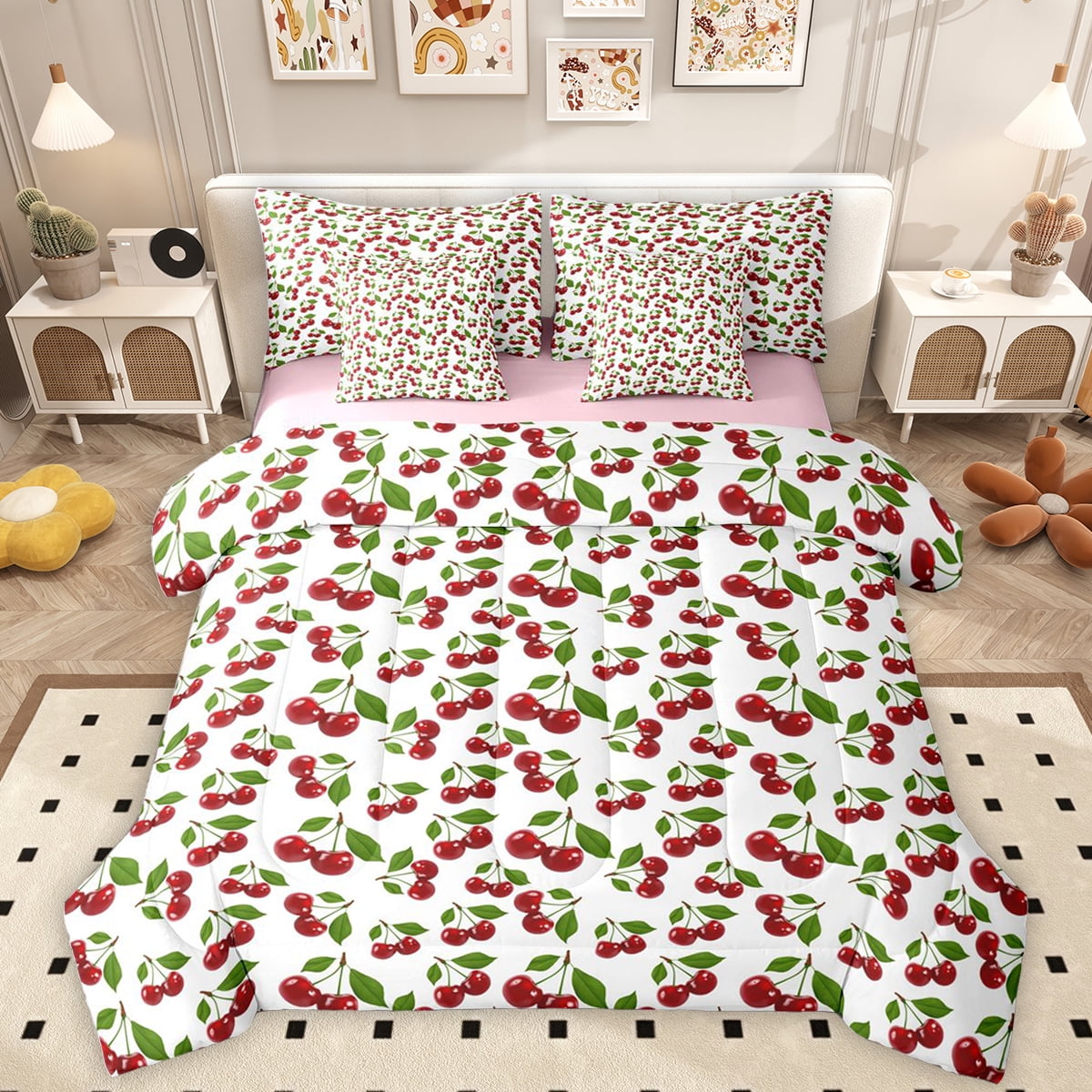 Homewish Cute Cherry 7-Piece Bedding Comforter Set,Summer Fruit King ...