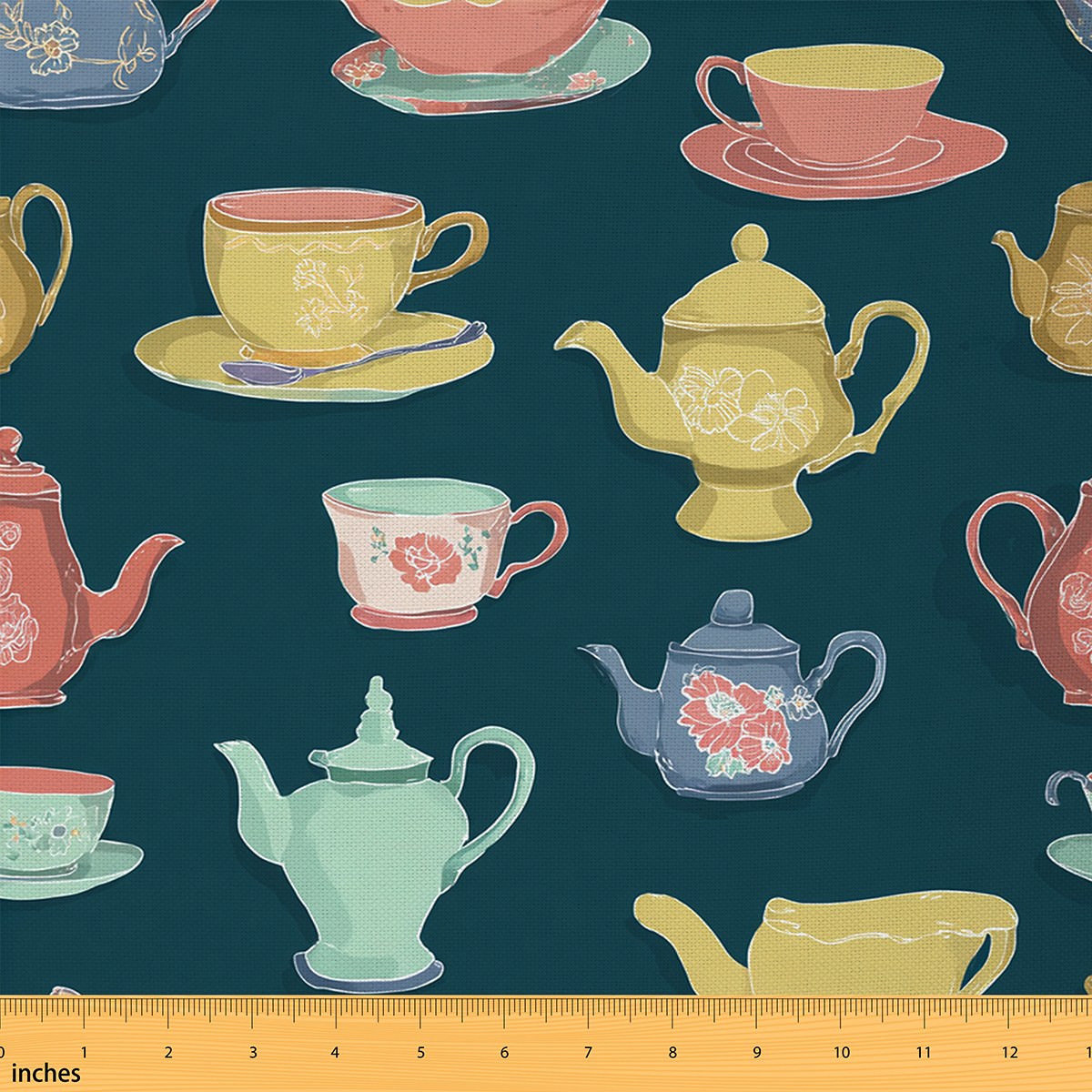 Homewish Cute Coffee Cup Fabric by the Yard 2 Yard,Colorful Teapot Room ...