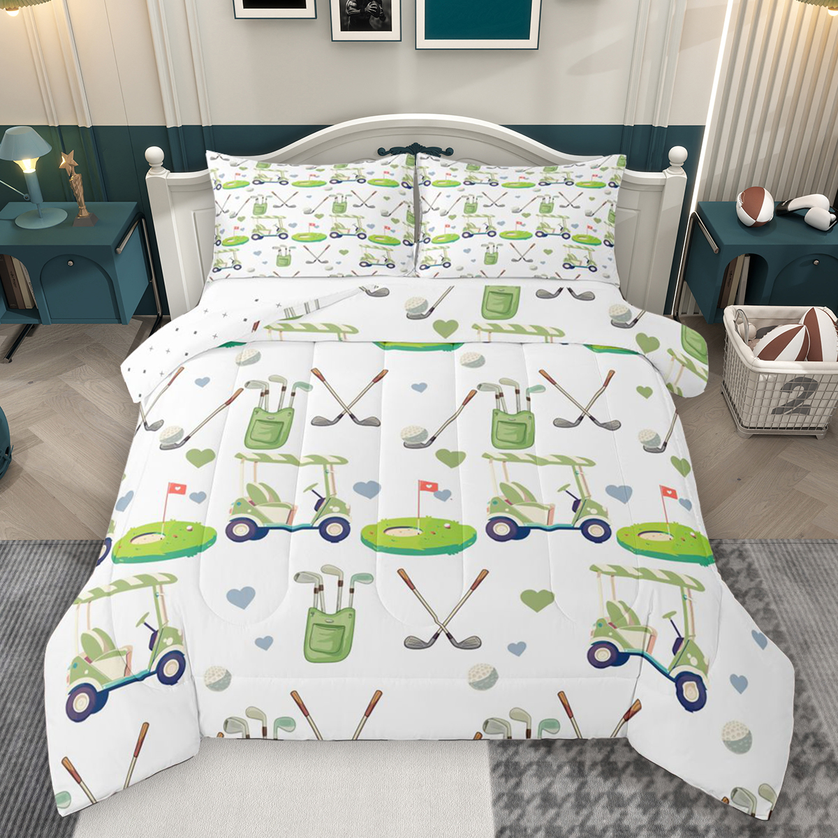 Homewish Cute Golf Print Bedding Comforter Set, Green Cartoon Truck Car ...