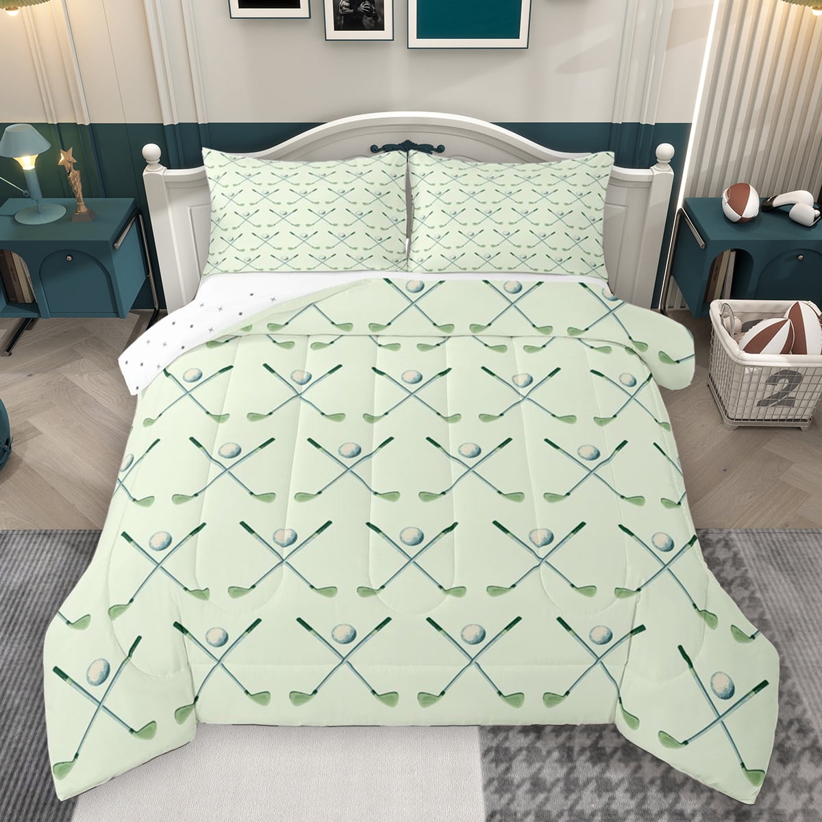 Homewish Cute Golf Print Bedding Comforter Set, Green Kawaii Cartoon ...