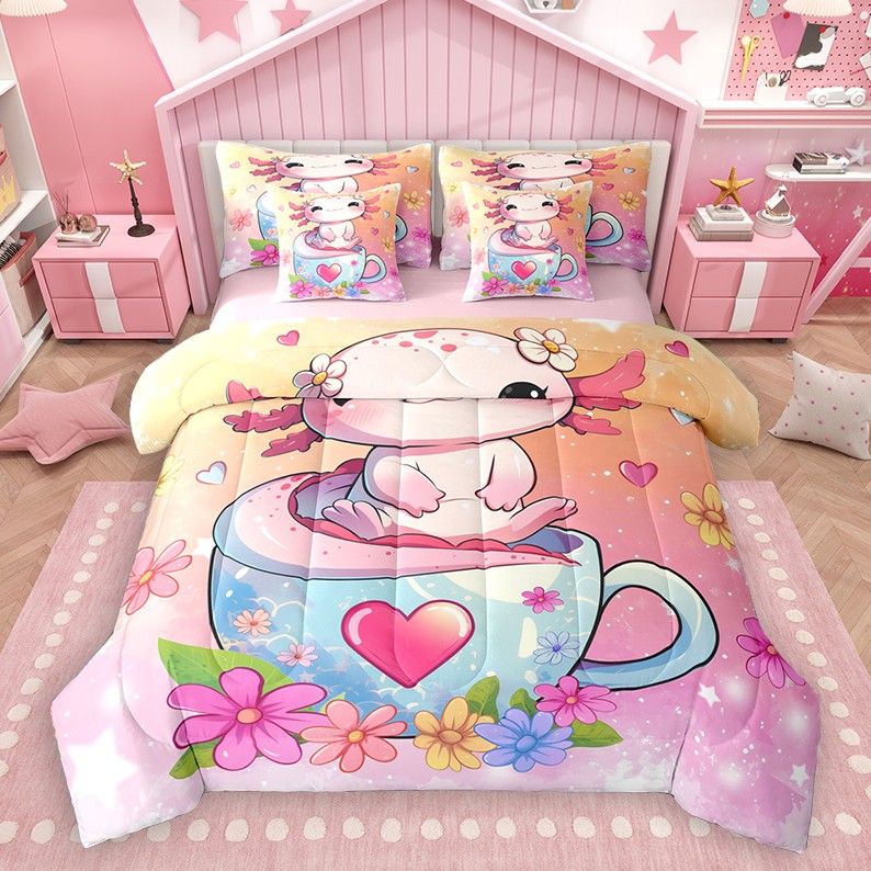 Homewish Cute Pink Axolotl 7-Piece Bedding Comforter Set for Children ...