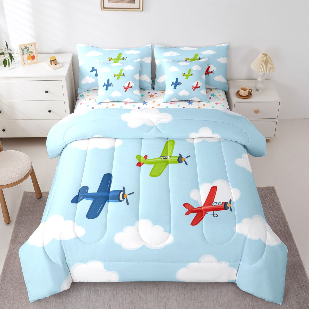 Homewish Cute Plane Aircraft Bedding Comforter Set 7-Piece for Kid ...