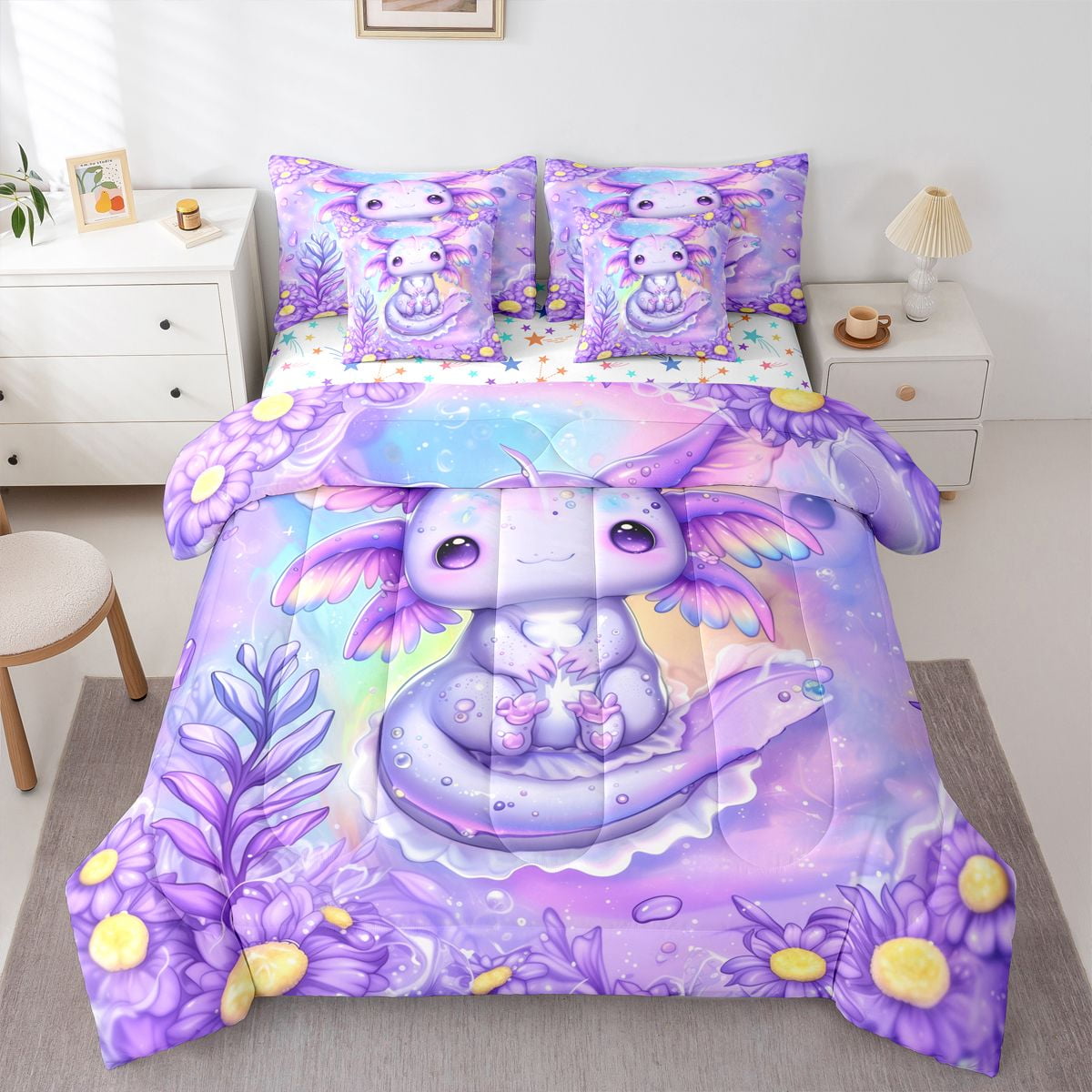 Homewish Cute Purple Axolotl Twin Bedding Sets 7-Piece, Dreamy Cartoon ...