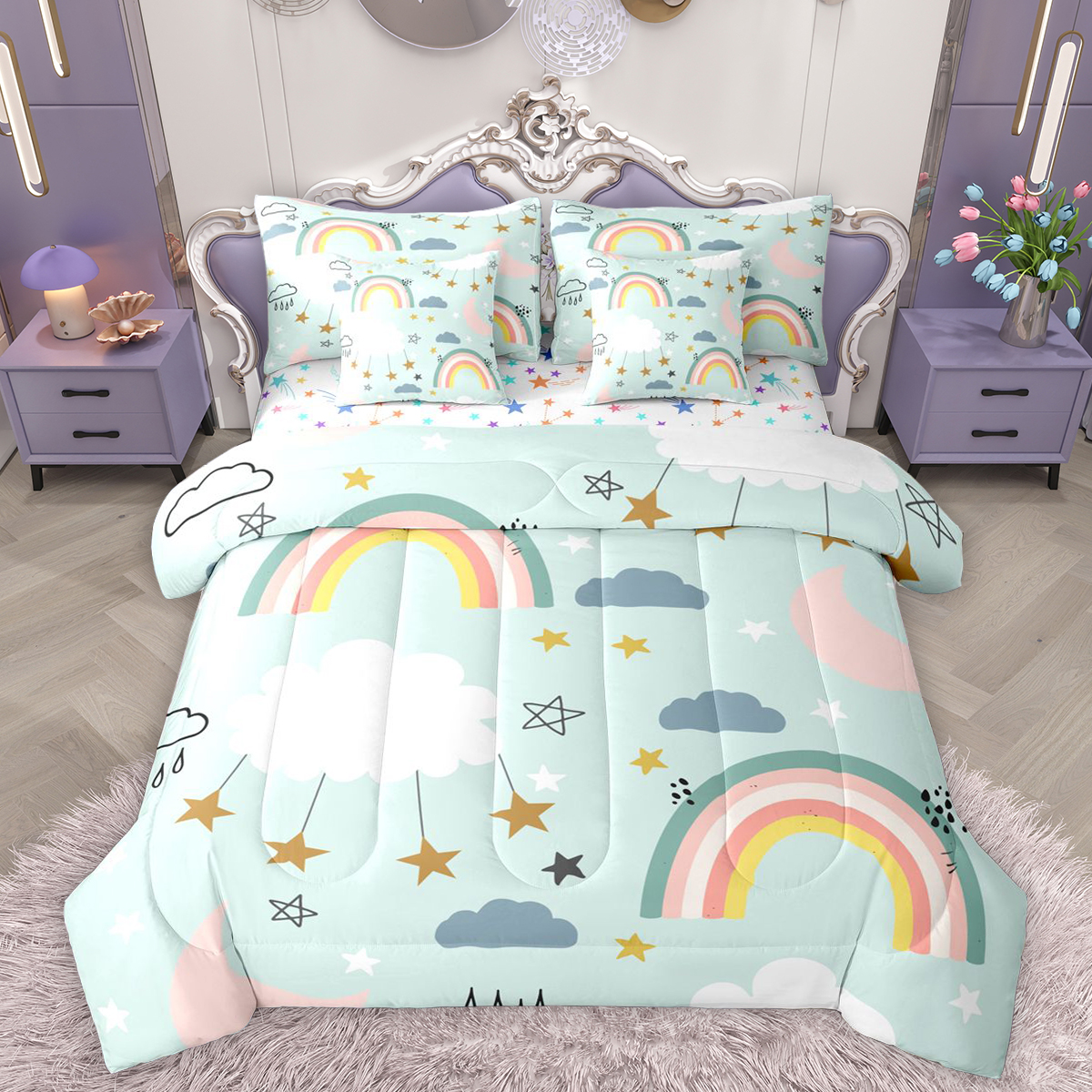 Homewish Cute Rainbow 7pcs Bedding Comforter Set,Lovely Stars Print ...