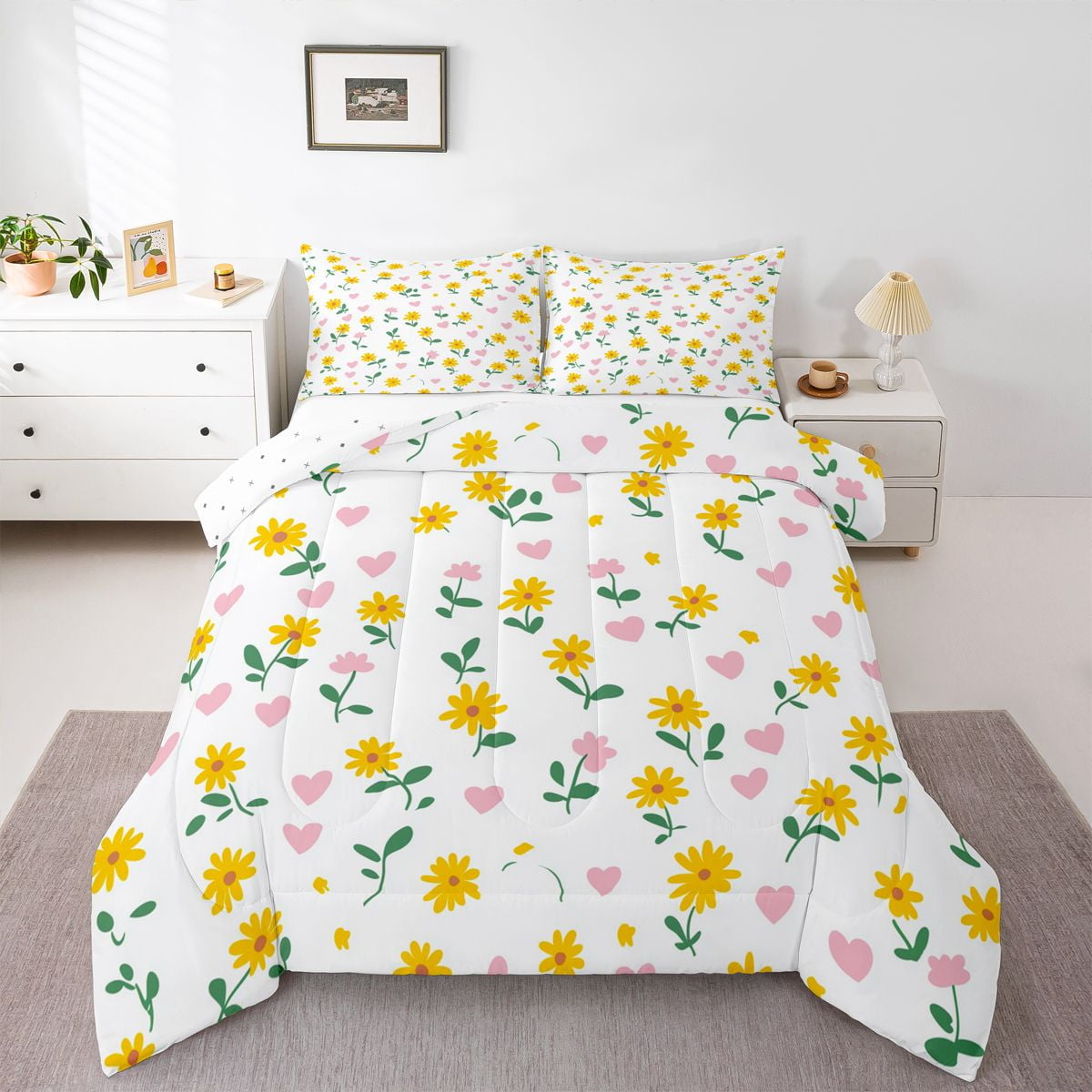 Homewish Cute Rustic Daisy Bedding Comforter Set,Cartoon Heart Print ...