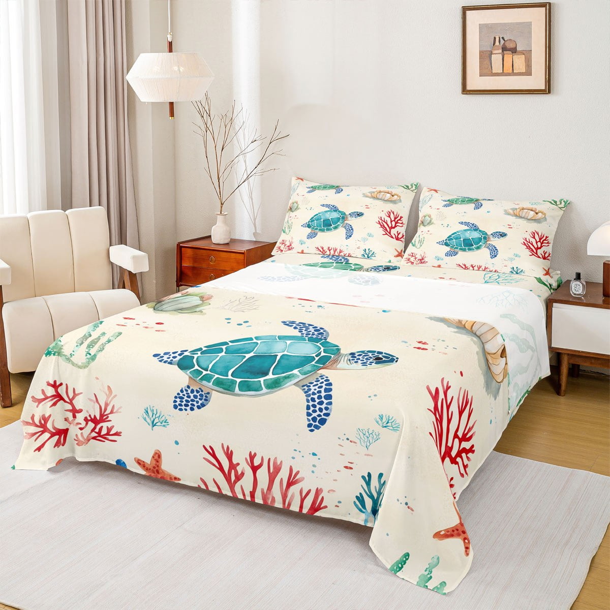 Homewish Cute Sea Turtle Bed Sheets for Teens, Cartoon Coral Plant King ...