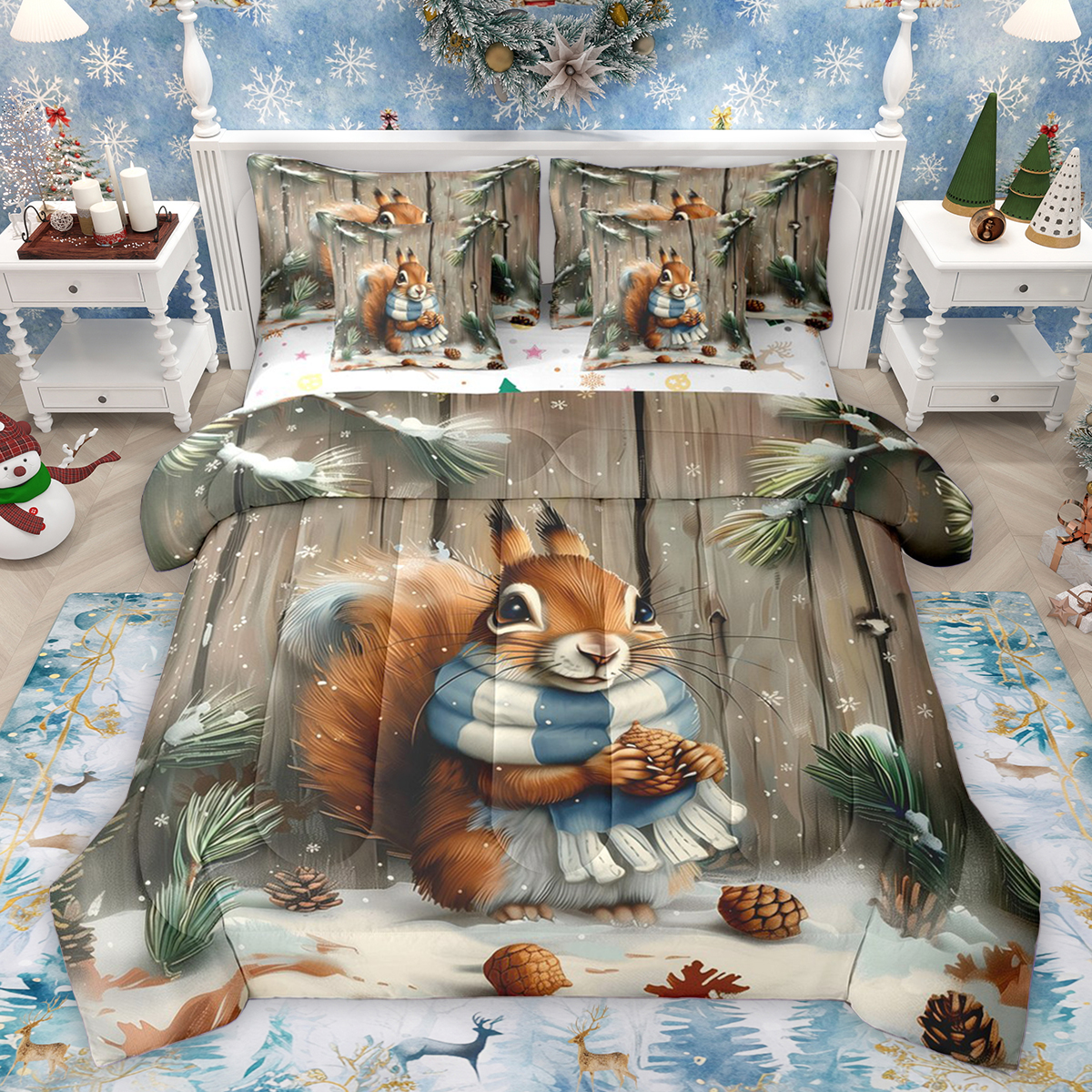Homewish Cute Squirrel 7pcs Bedding Comforter Set,Brown Pine Cone Queen ...