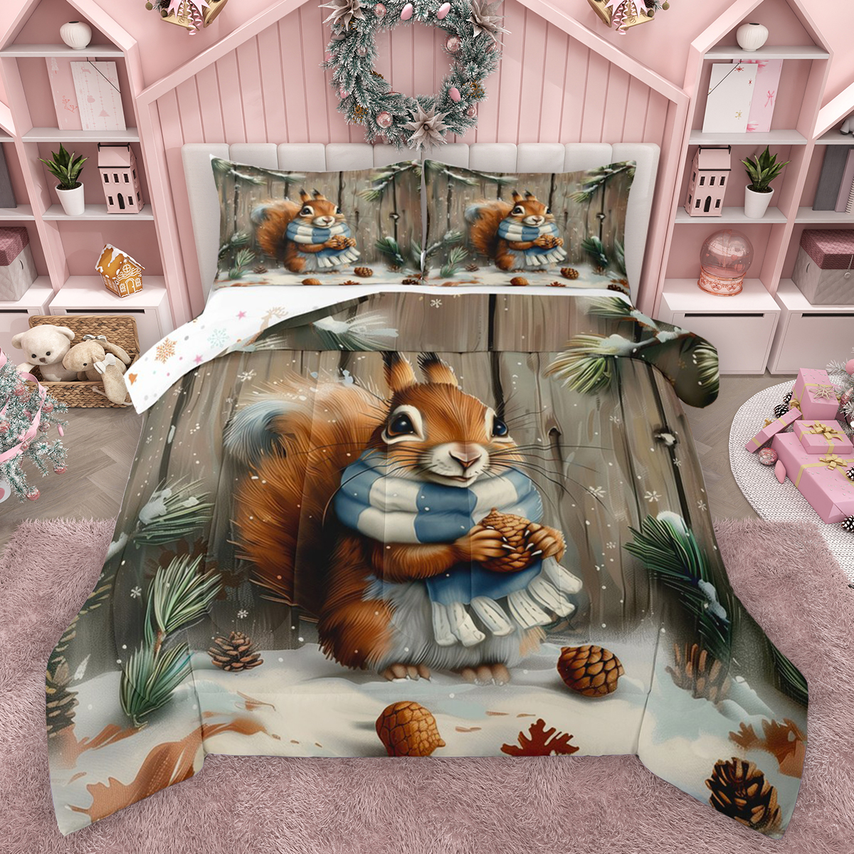 Homewish Cute Squirrel Queen Comforter Set,Brown Pine Cone Bedding Sets ...