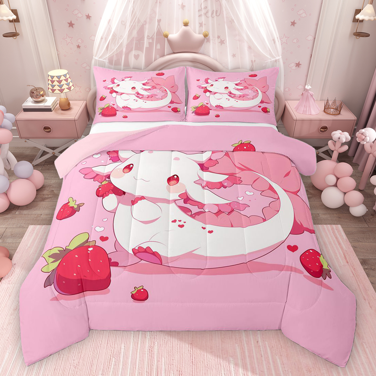 Homewish Cute Strawberry Axolotl Bedding Comforter Set 2pcs for Kids ...