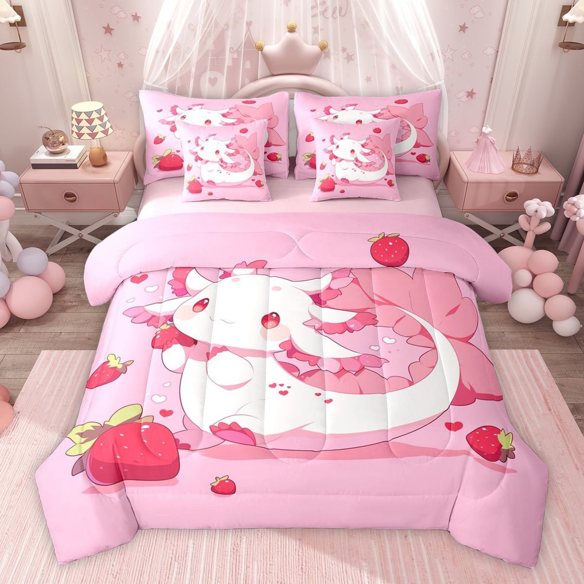 Homewish Cute Strawberry Axolotl Bedding Comforter Set 7 Pieces for ...