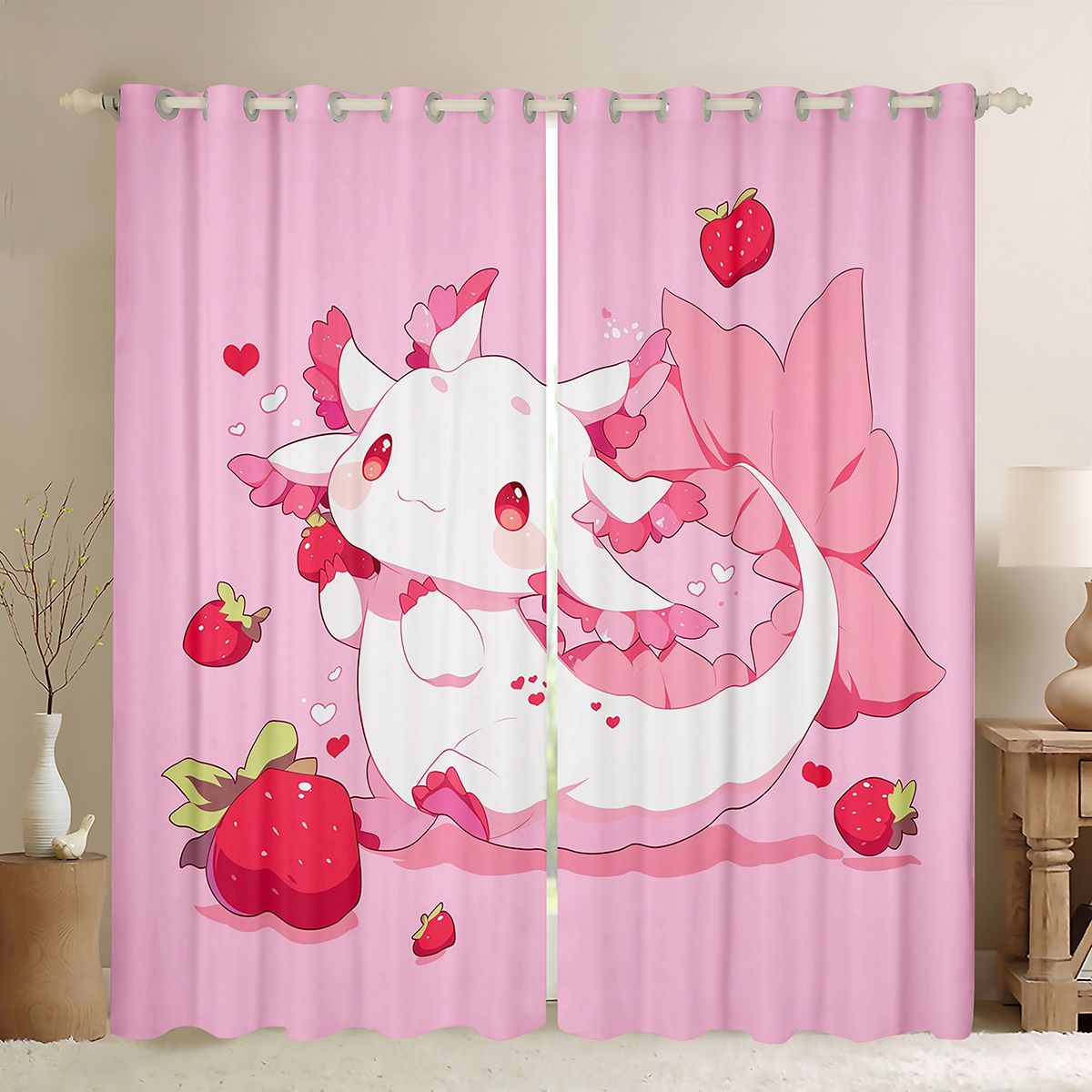 Homewish Cute Strawberry Axolotl Curtains Pack of 2 (42x84 Each) for ...