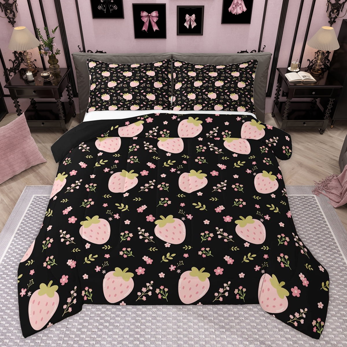 Homewish Cute Yummy Strawberry Bedding Comforter Set, Kawaii Cartoon ...