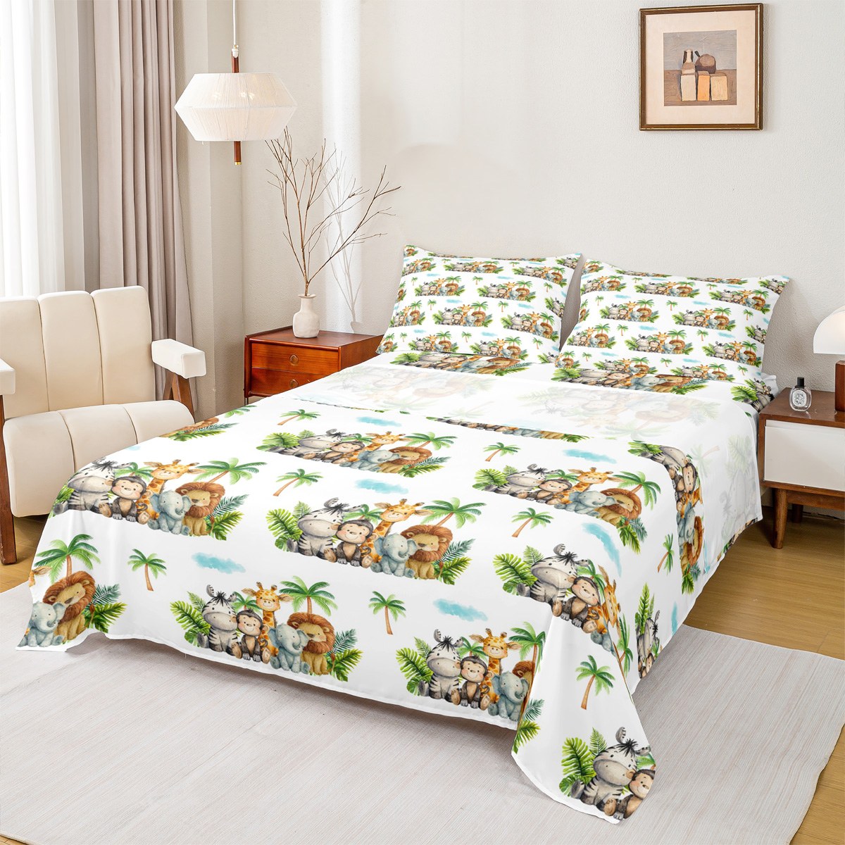 Homewish Cute Zoo Animal Full Size Sheets,Green Monstera Leaf Coconut ...