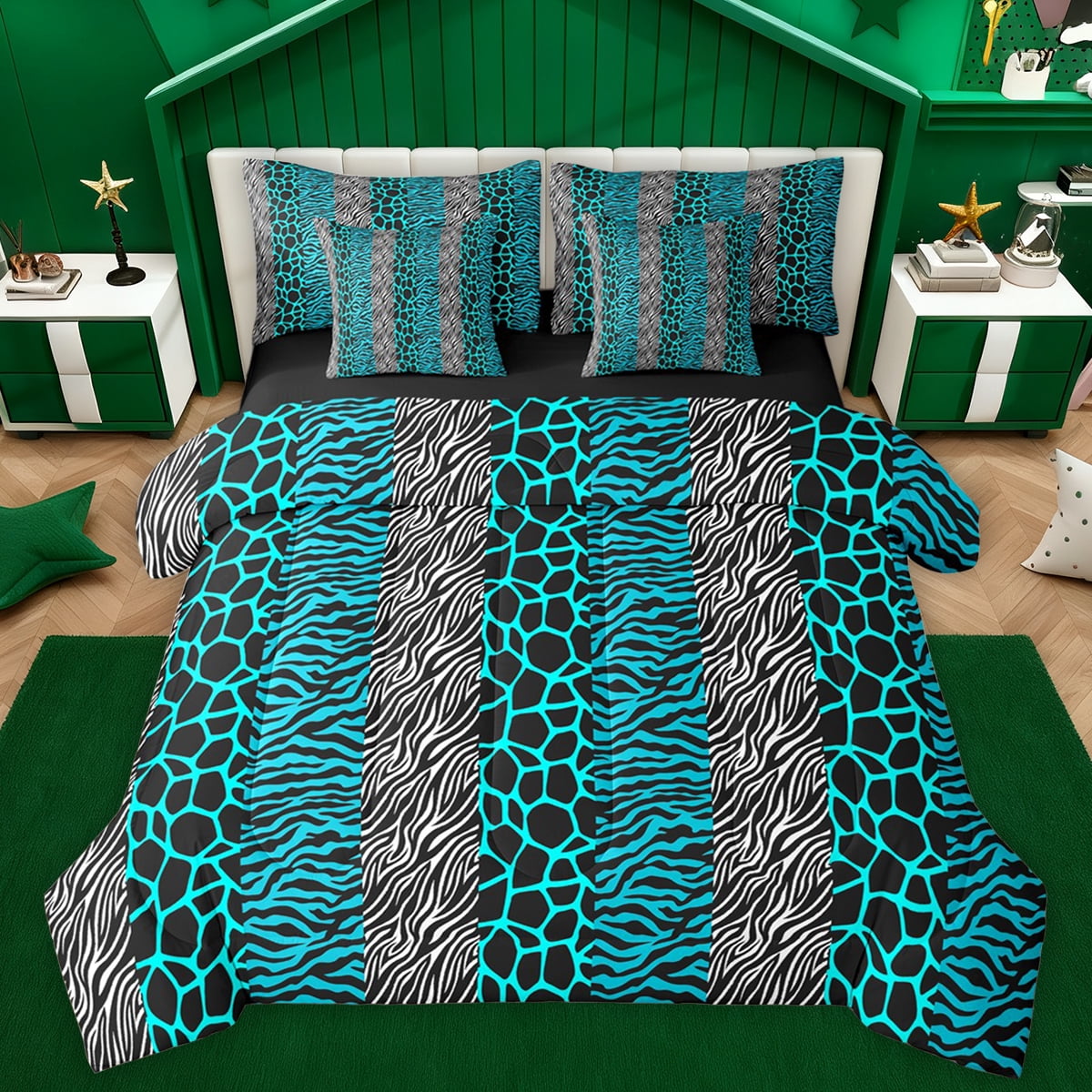 Homewish Cyan Leopard Print Twin Bedding Sets 7-Piece for Women, Modern ...