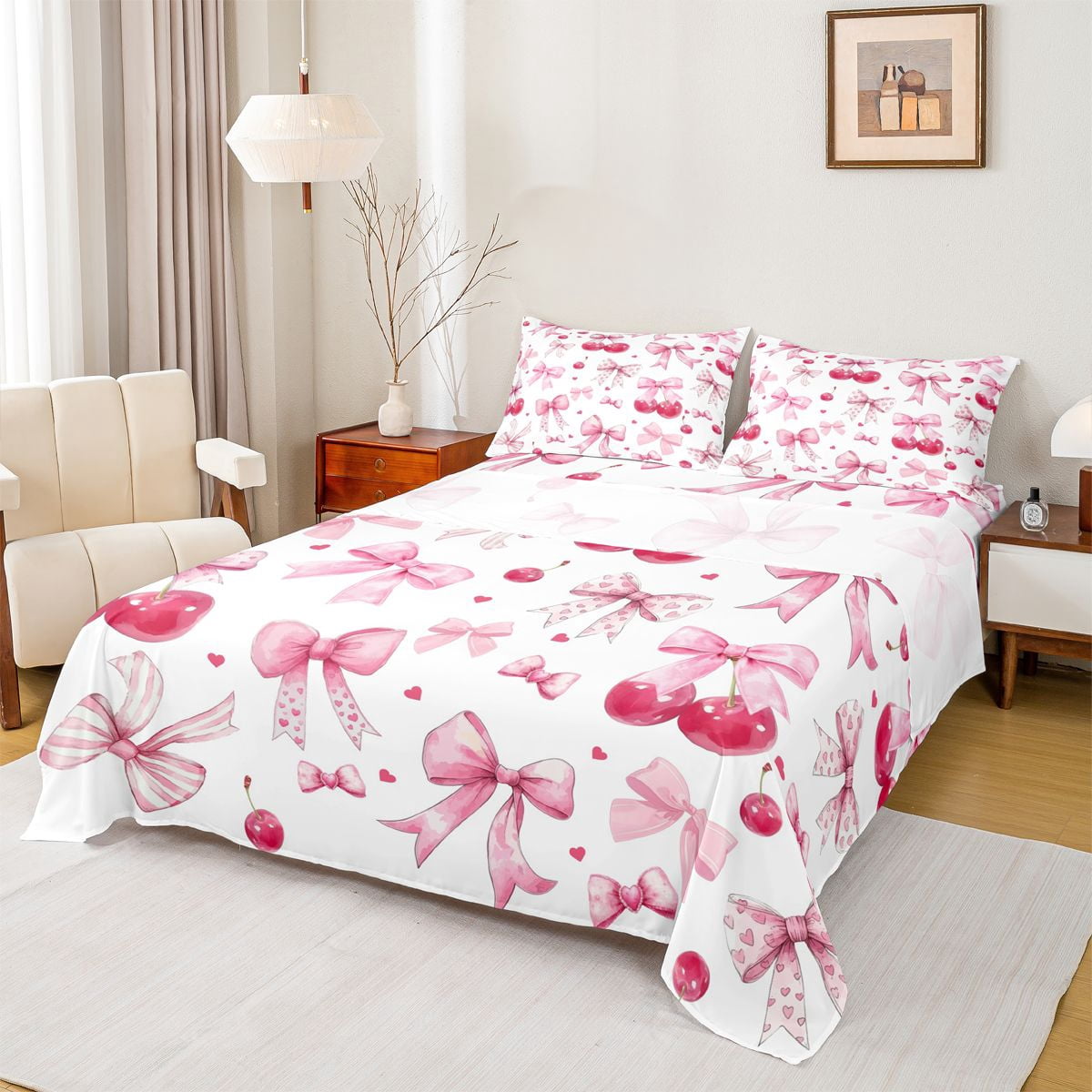 Homewish Deamy Bow-tie Teens Bed Sheets, Kawaii Pink Cherry Bowknot ...