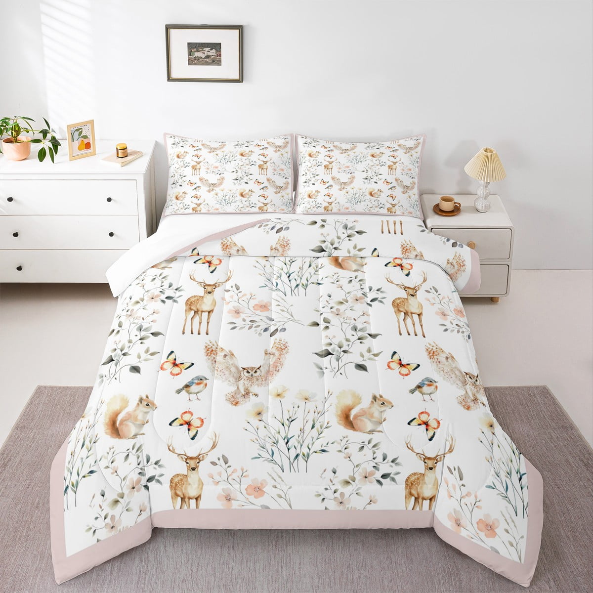 Homewish Deer Owl Squirrel Full Size Comforter Sets 3-Piece for Preppy ...