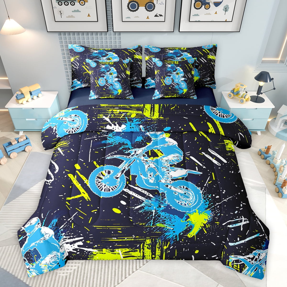 Homewish Dirt Bike Bedding Comforter Set 7 Pieces for Boys Girls ...
