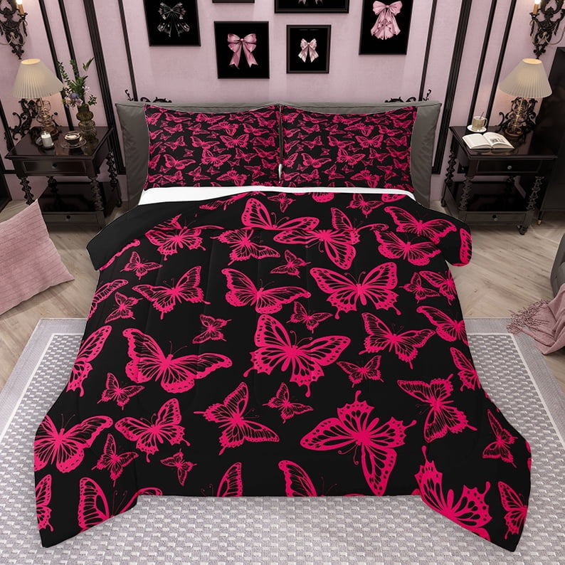 Homewish Dreamy Pink Butterfly Queen Comforter Set for Kids, Cartoon ...