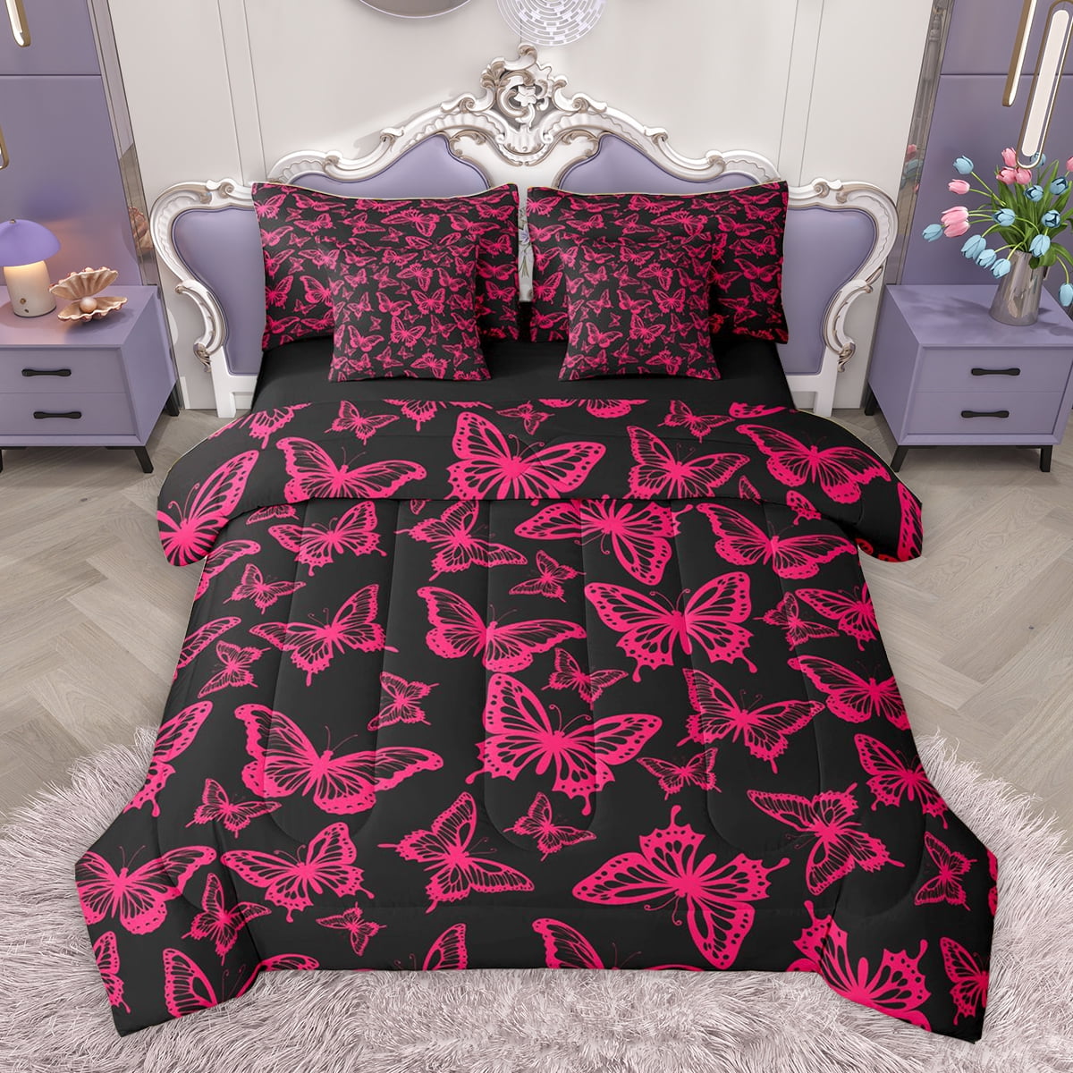 Homewish Dreamy Pink Butterfly Twin Bedding Sets 7-Piece for Kids ...