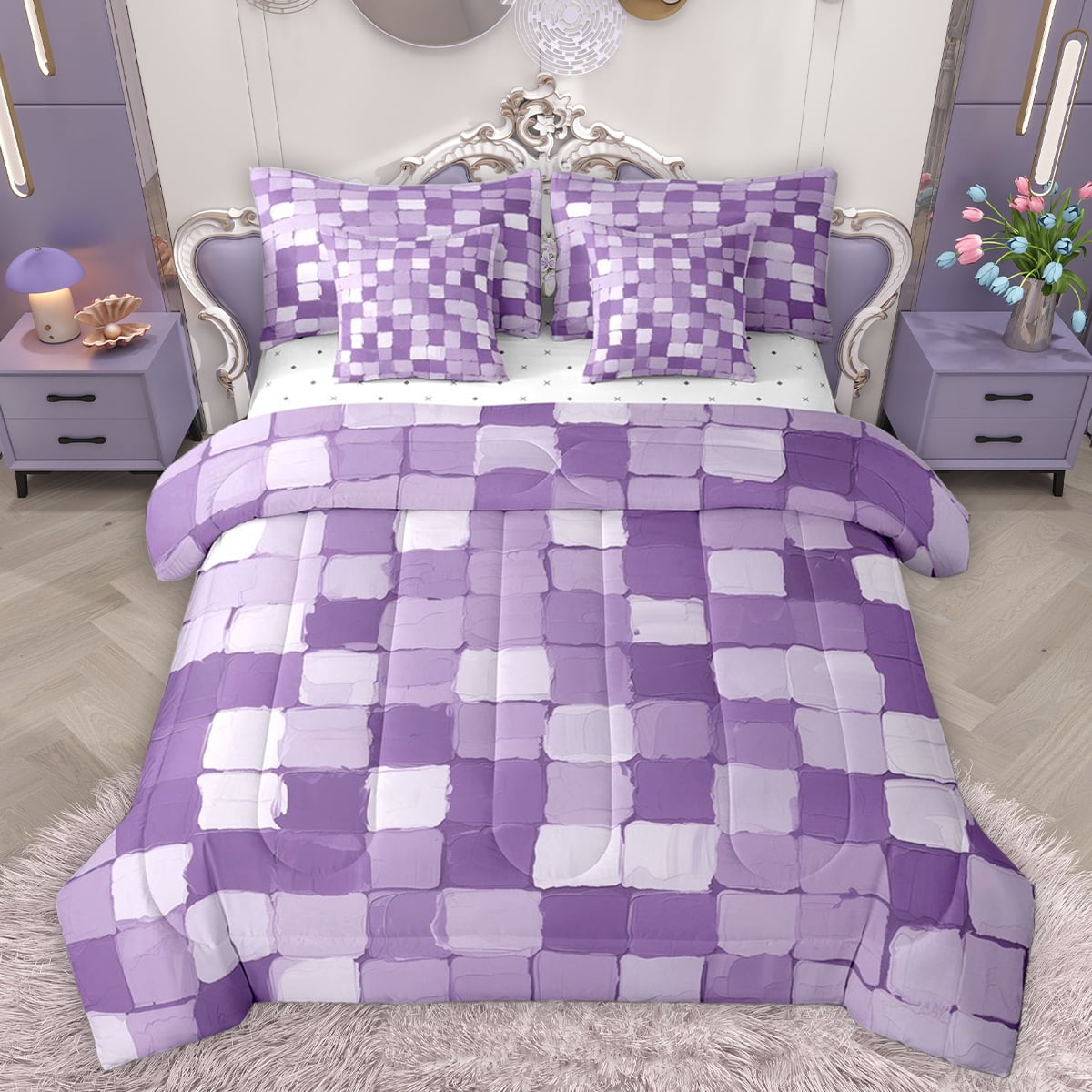 Homewish Dreamy Plum Square Bedding Comforter Set 7 Pieces for Kids ...