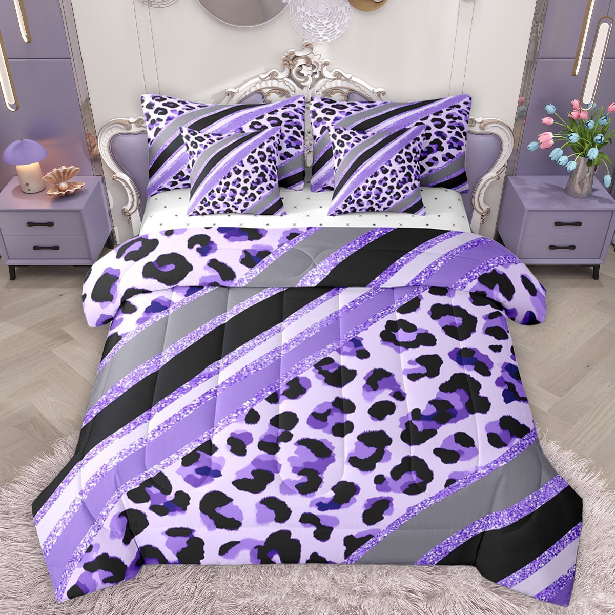 Homewish 7pcs Purple Polkadots Queen Bedding Comforter Set, Leopard ...