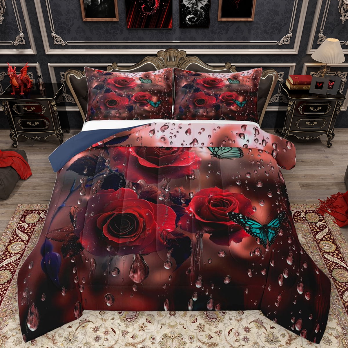 Homewish Dreamy Red Rose Queen Comforter Set,Romantic Floral Flower ...