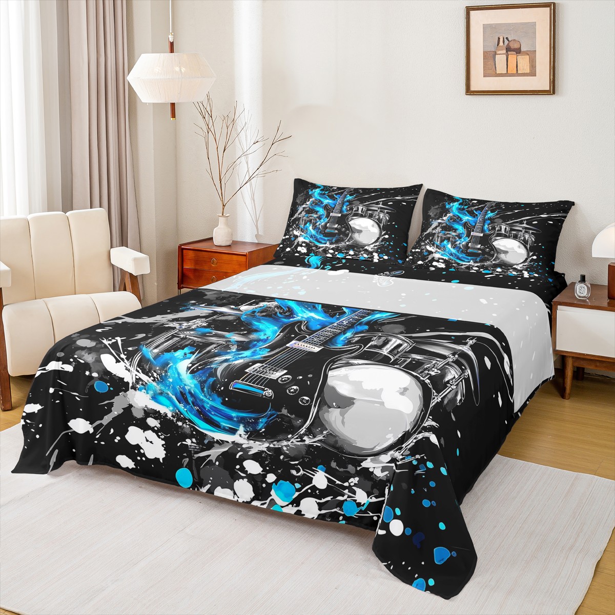 Homewish Drum Guitar Full Size Sheets for Men, Black Blue Watercolor ...