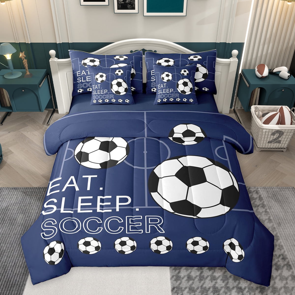 Homewish Eat Sleep Soccer Bedding Comforter Set 7pcs for Boys, Kawaii ...