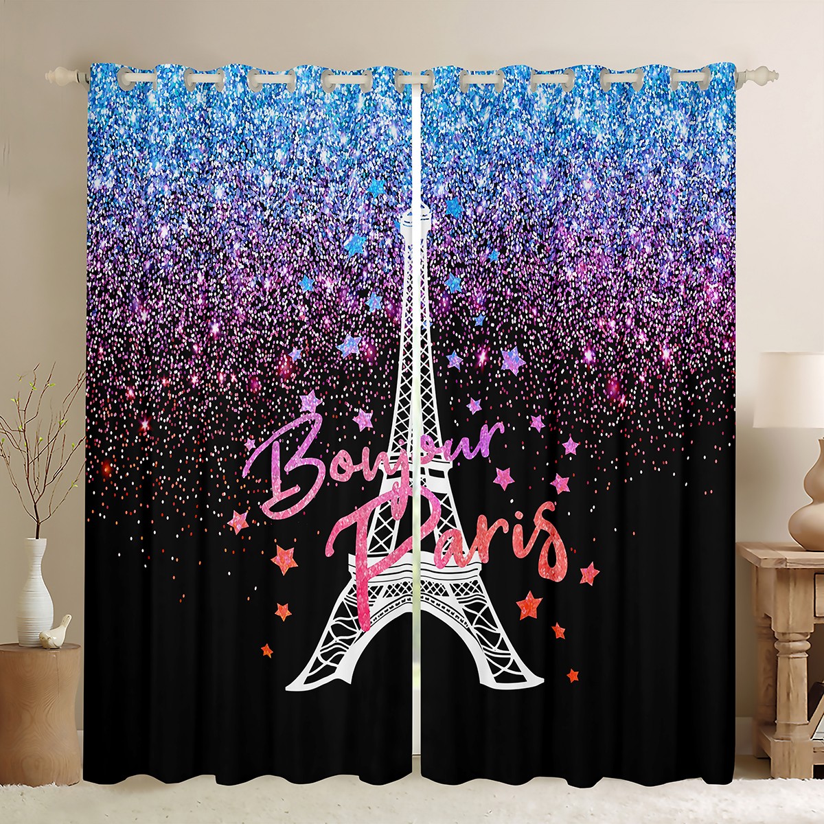 Homewish Eiffel Tower Print Blackout Curtains Set of 2 (52x84 Each ...