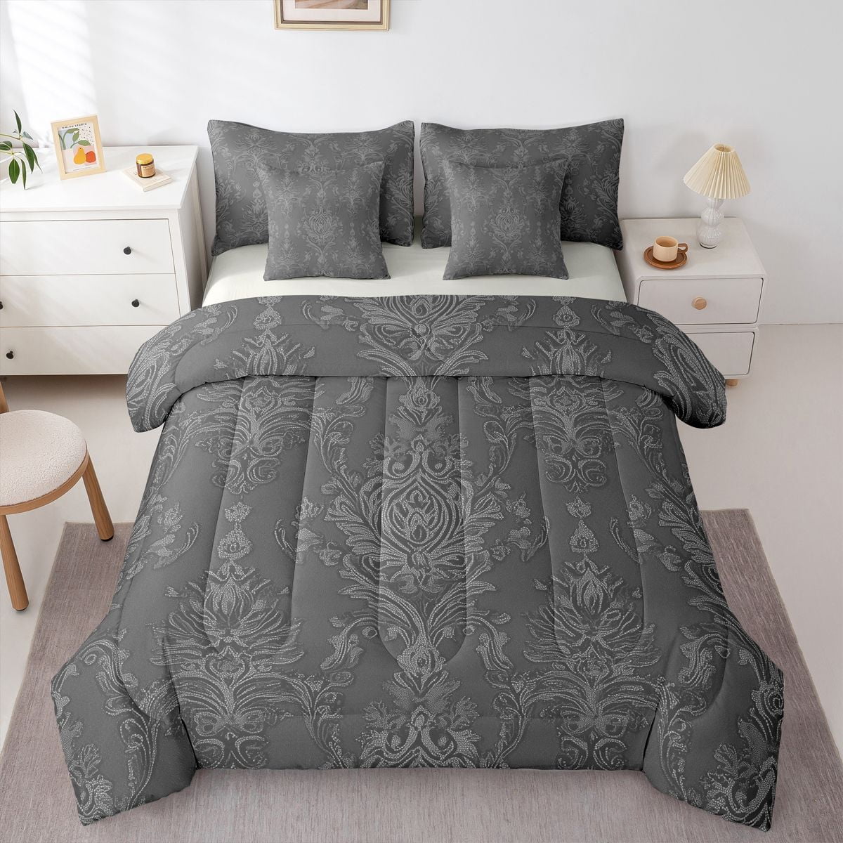 Homewish Exotic Grey Damask 7-Piece Twin Bedding Sets for Teens Girls ...