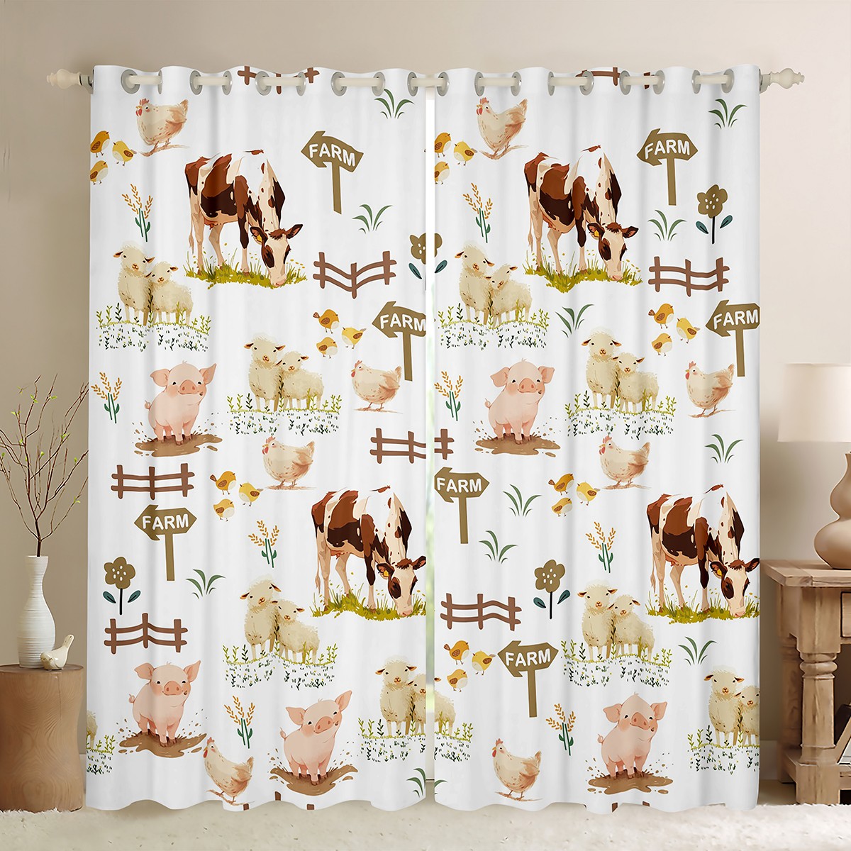 Homewish Farm Animal Cattle Curtains Pack of 2 (42x84 Each),Cute Pig ...