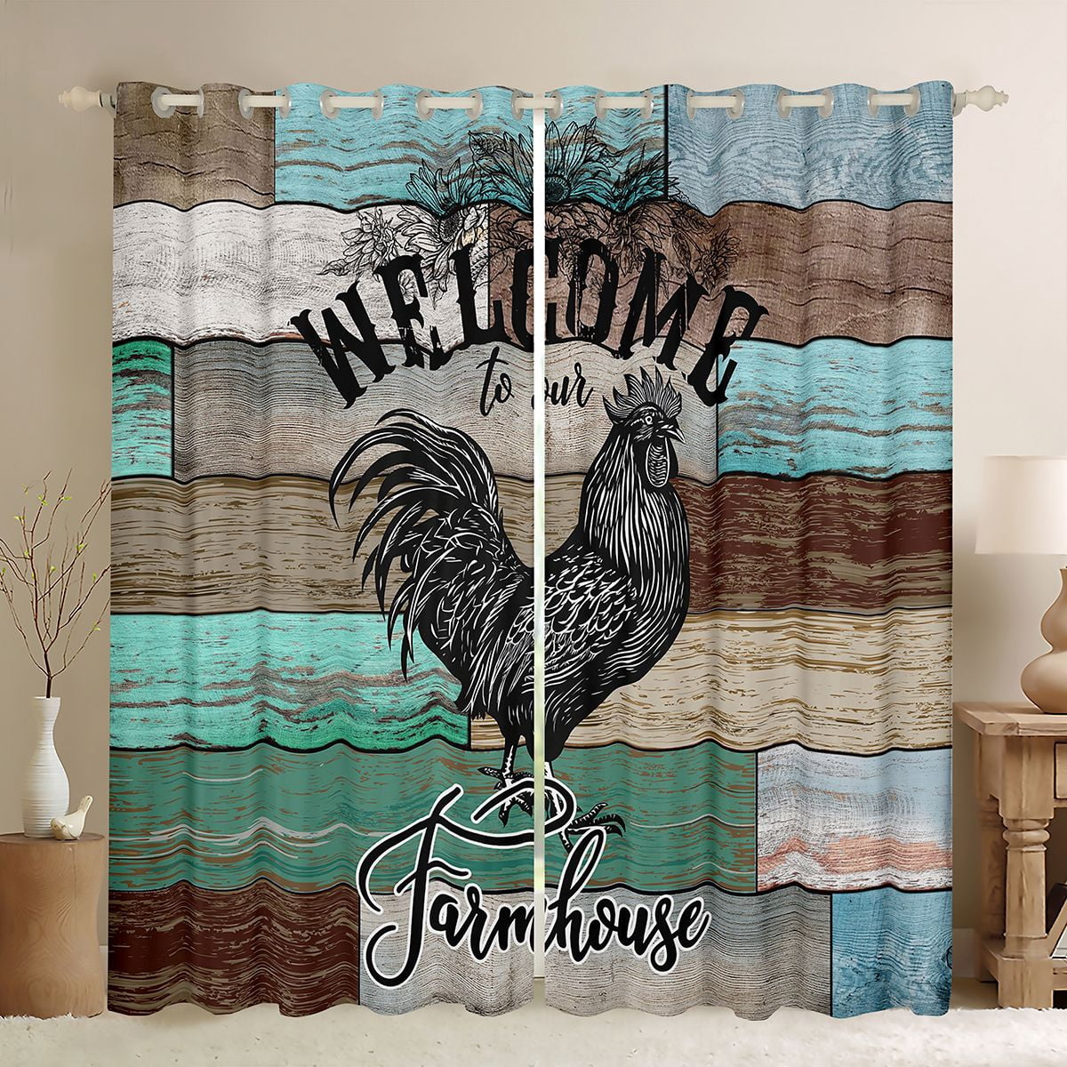 Homewish Farm Rooster Animal Curtains Pack of 2 (42x84 Each), Rustic ...