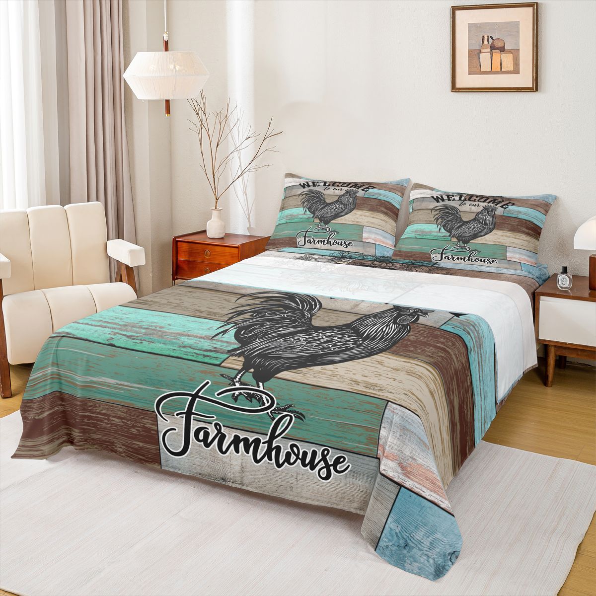 Homewish Farm Rooster Animal Full Size Sheets, Rustic Farmhouse Bed ...