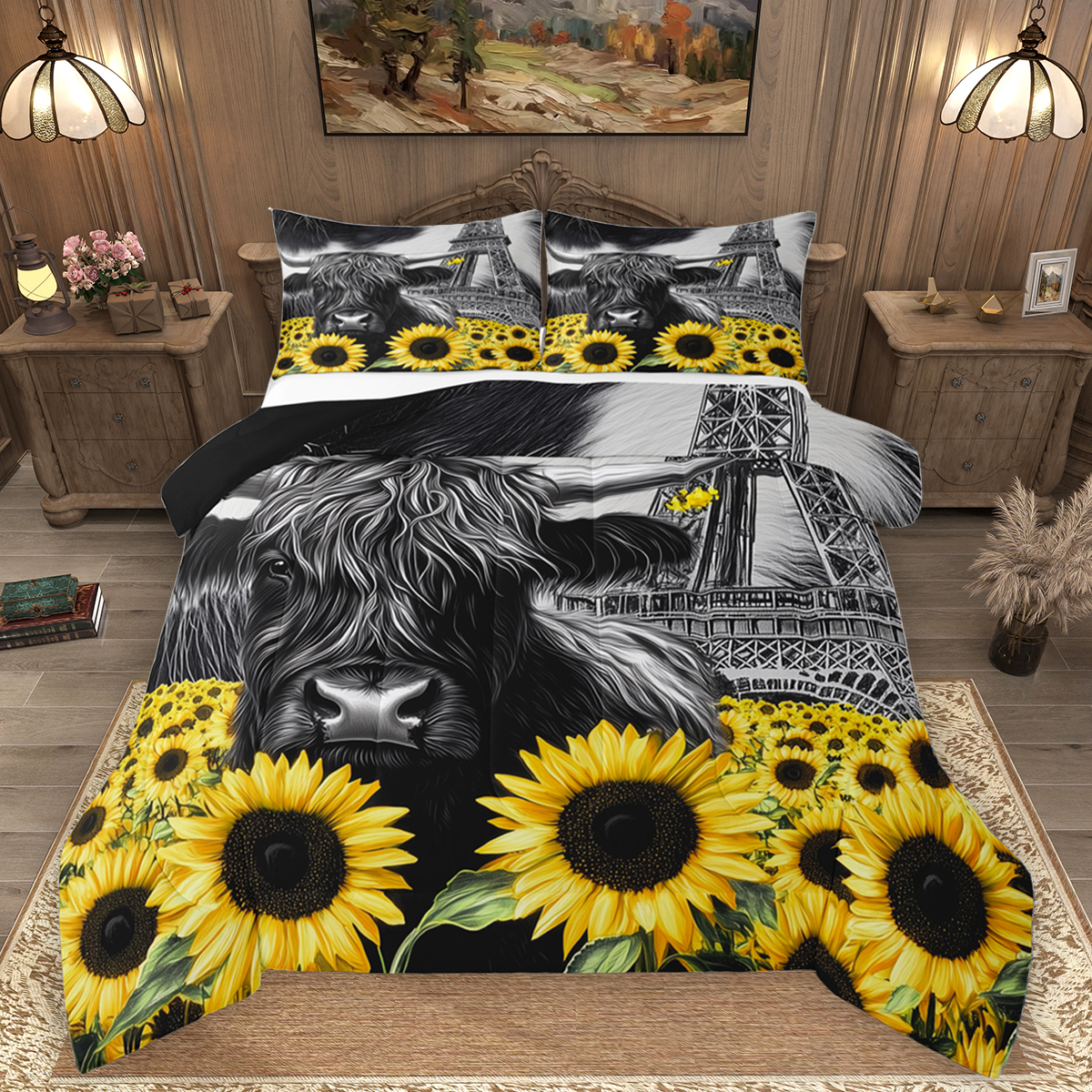 Homewish Farmhouse Highland Cattle Queen Comforter Set, Country Floral ...
