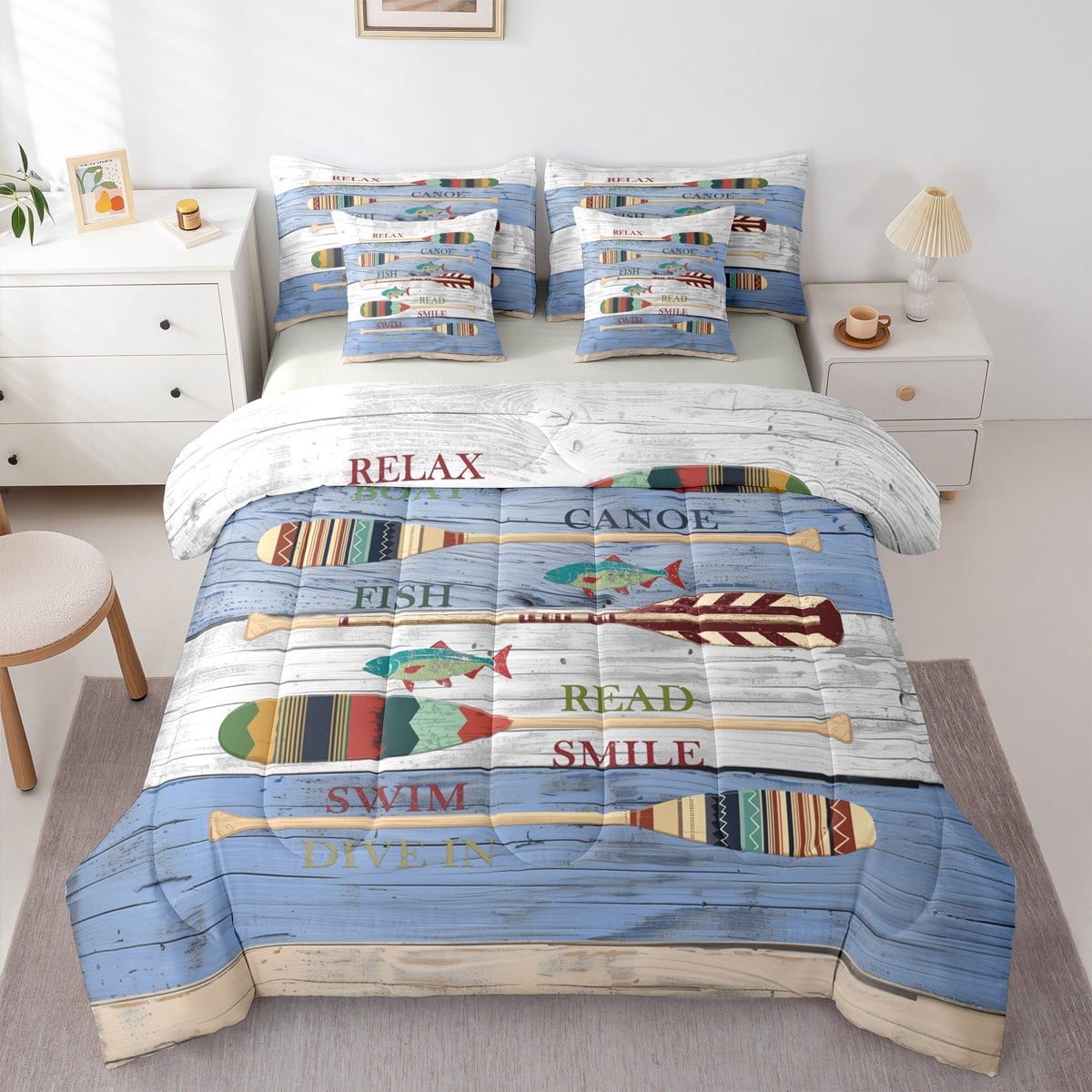 Homewish Farmhouse Lake House Bedding Comforter Set 7pcs, Blue Grey ...