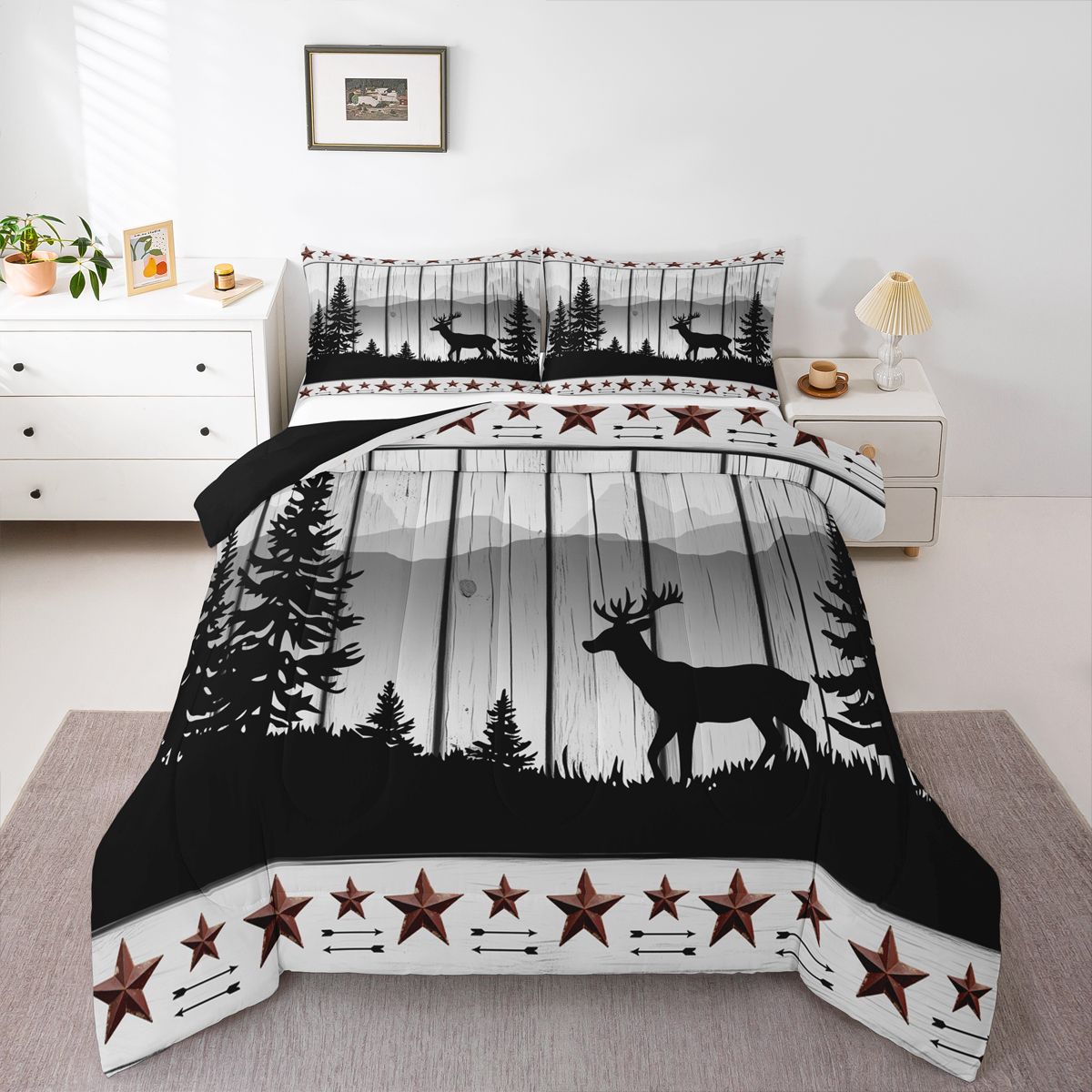 Homewish Farmhouse Reindeer Elk Queen Comforter Set, Wooden Plank Cabin ...