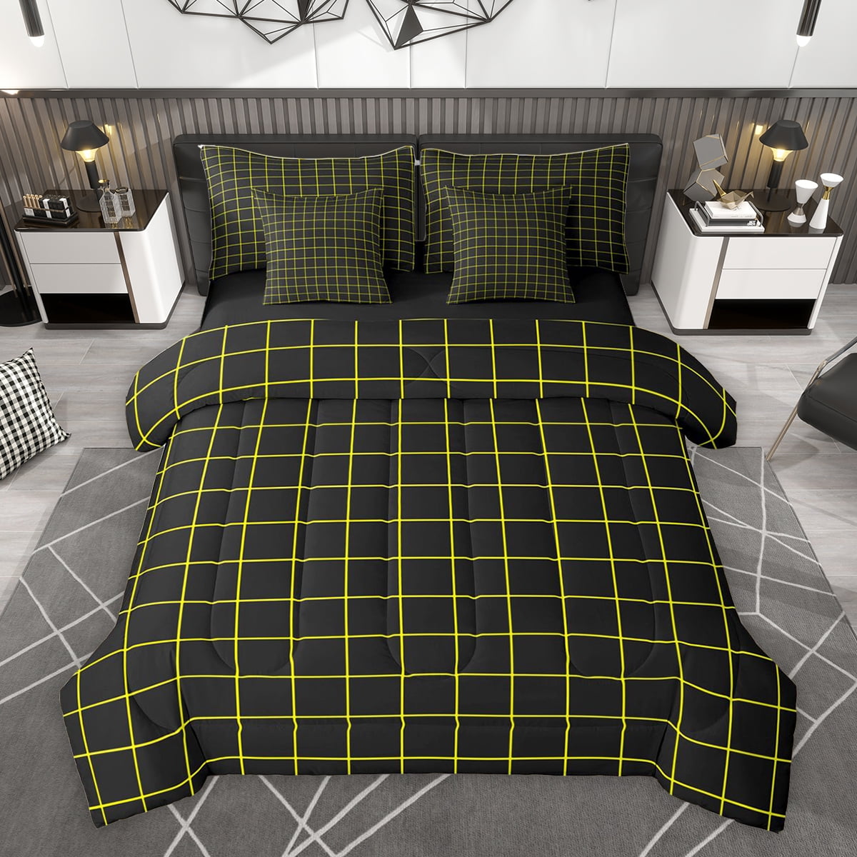 Homewish Fashion Buffalo Plaid Bedding Comforter Set 7pcs, Black Yellow ...