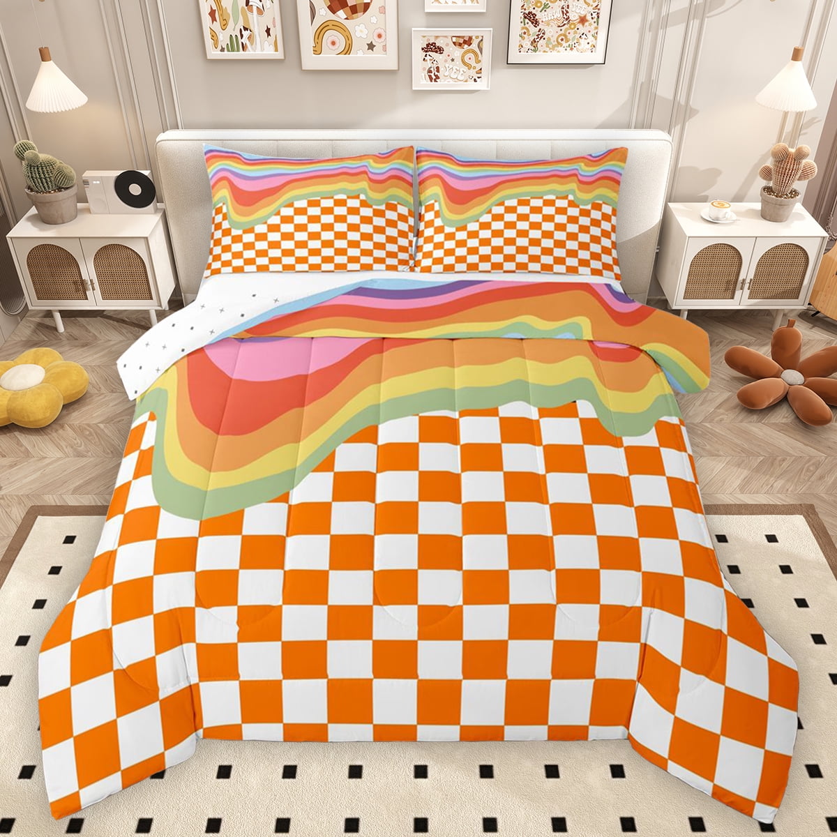 Homewish Fashion Buffalo Plaid Full Size Comforter Sets, Orange Square ...