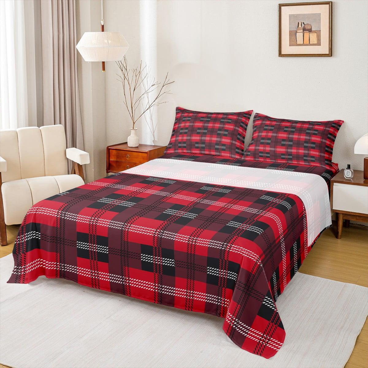 Homewish Fashion Checkered Plaid Bed Sheets for Kids, Black Red ...