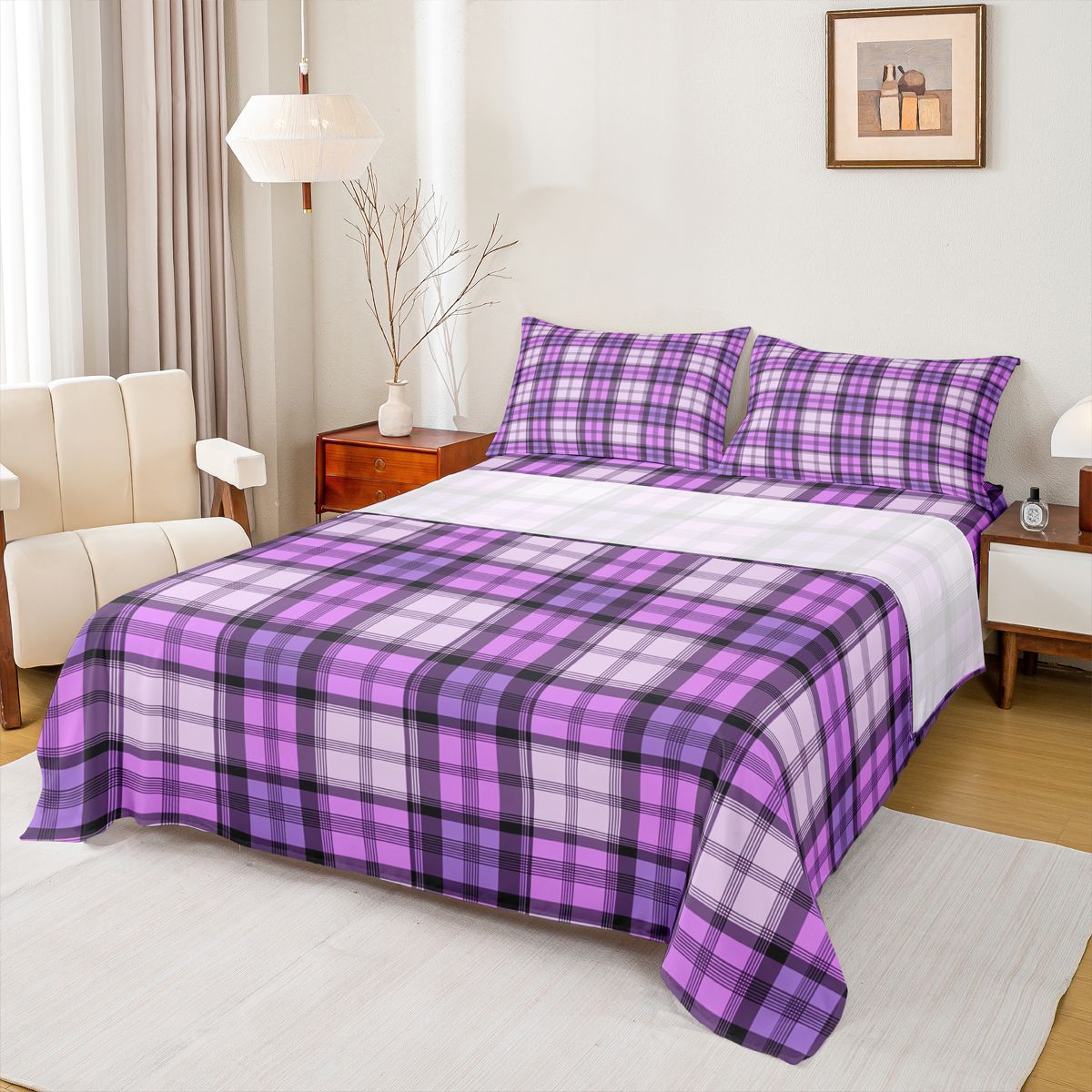 Homewish Fashion Checkered Plaid Twin Sheet Sets for Kids, Purple ...