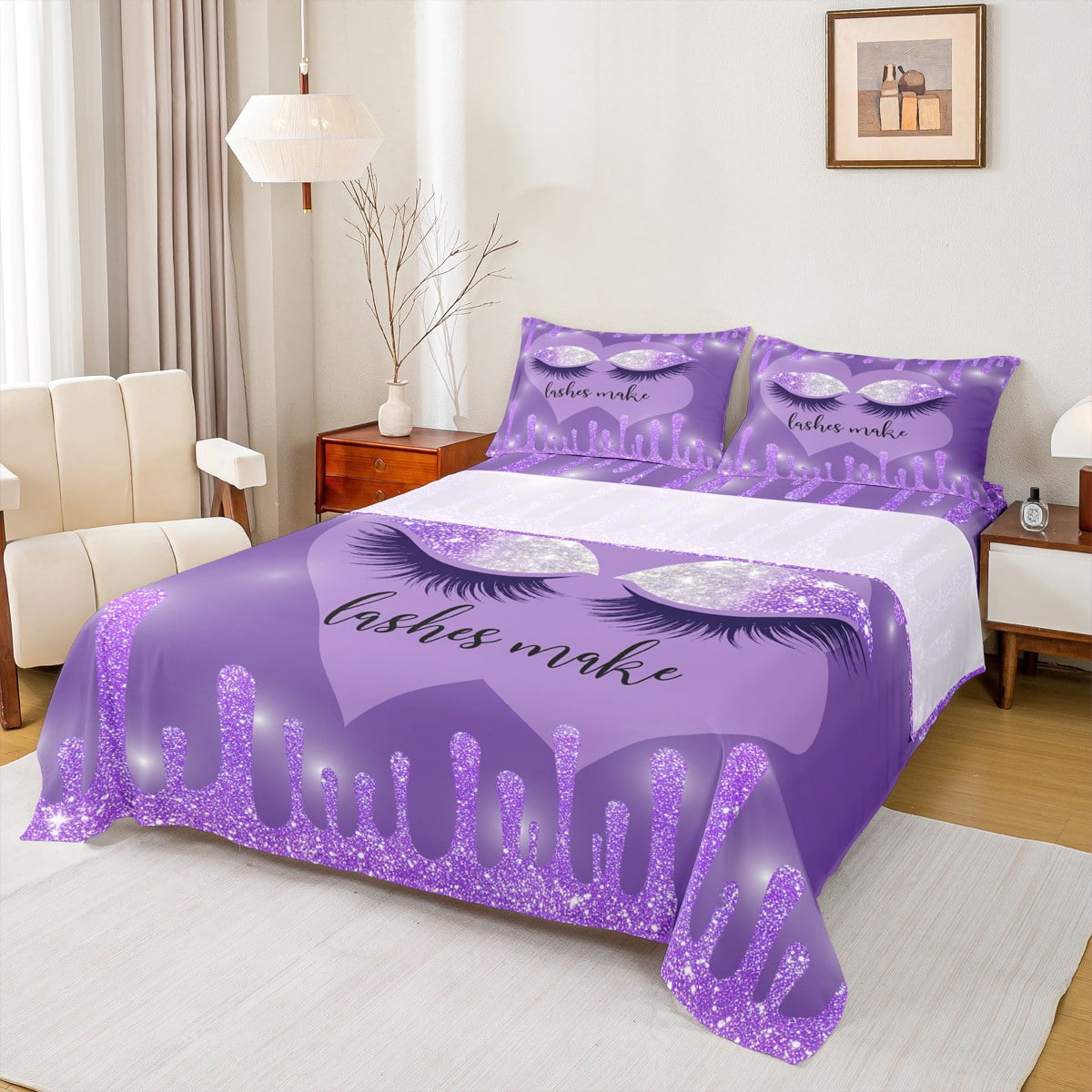 Homewish Fashion Purple Eyelashes Full Size Sheets, Dreamy Sequin Print ...