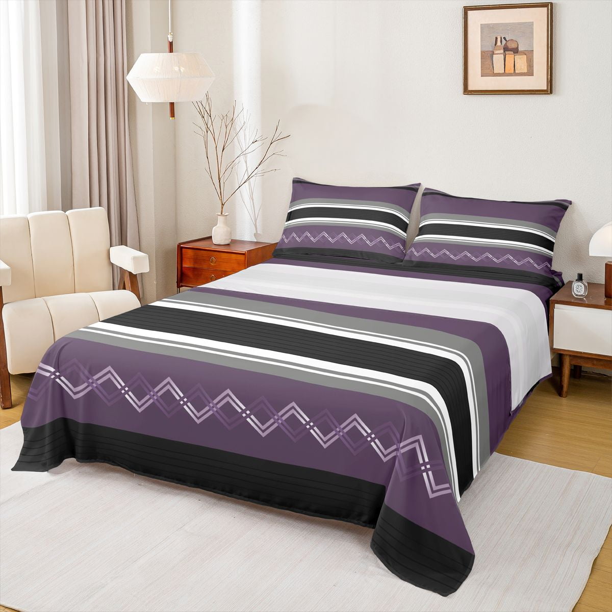 Homewish Fashion Stripes Lines Queen Sheet Sets, Purple Abstract Ombre ...