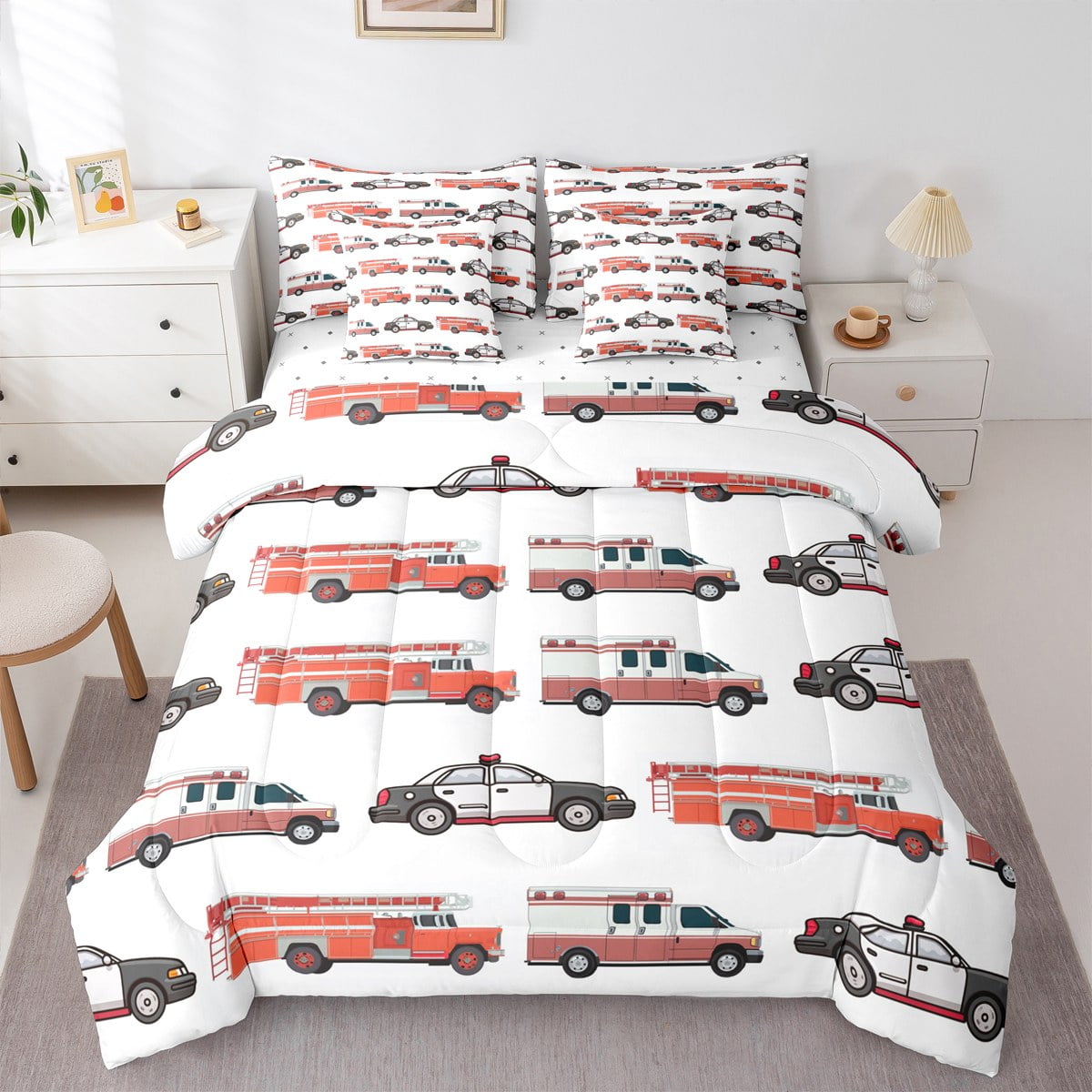 Homewish Fire Truck Boy 7-Piece Bedding Comforter Set,Car Theme King ...
