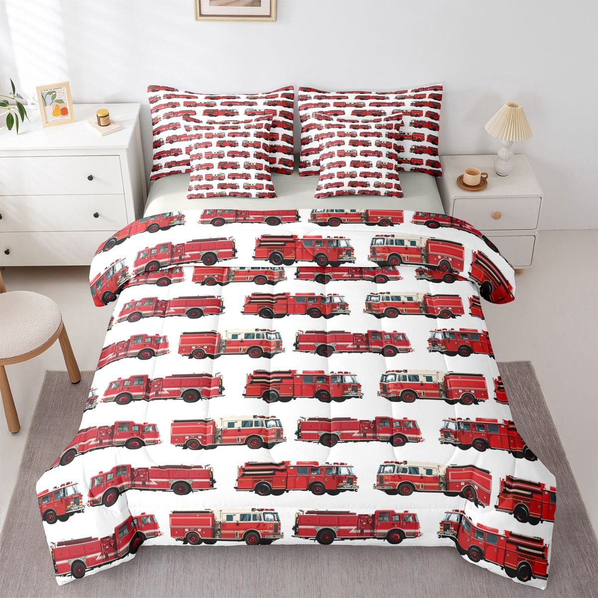 Homewish Fire Truck Boy Bedding Comforter Set 7pcs,Car Theme Queen ...