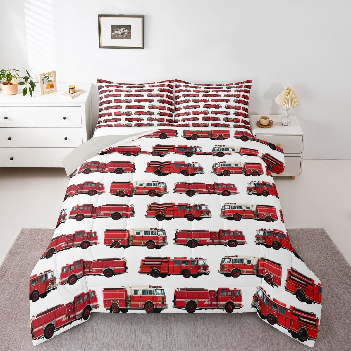Homewish Fire Truck Boy Full Size Comforter Sets 3-Piece,Car Theme ...