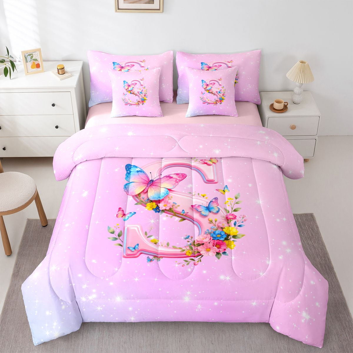 Homewish Flora Letter S Bedding Comforter Set 7pcs for Teen, Fairy Tale ...