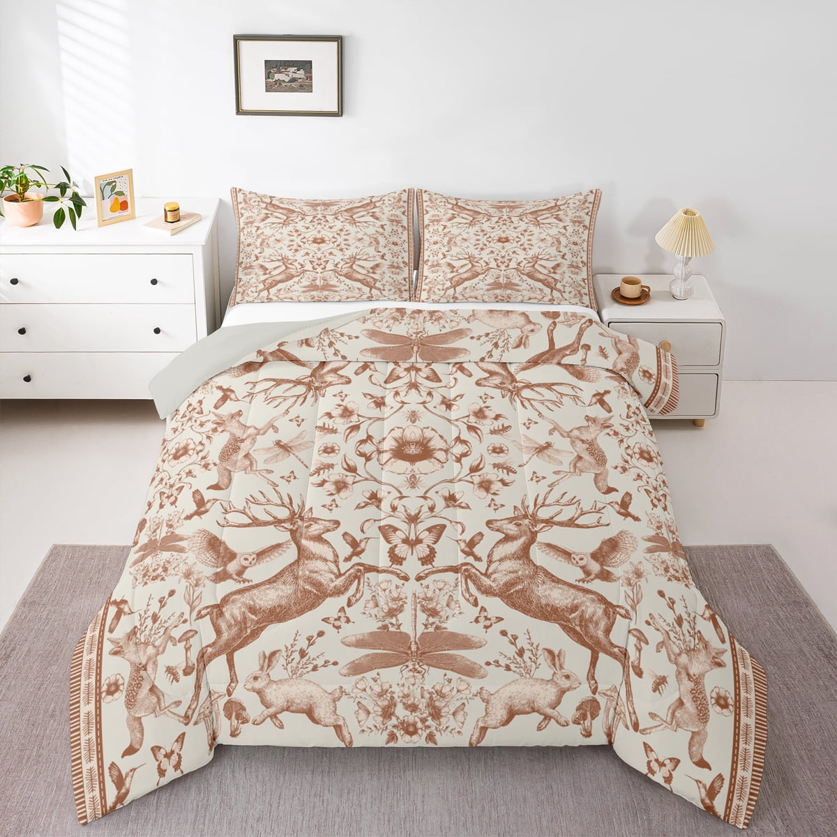 Homewish Floral Safari Deer Rabbit 3 Pieces Queen Comforter Set for ...