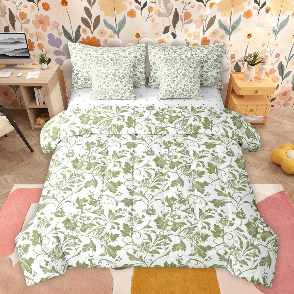 Homewish Flower Floral Women Bedding Comforter Set 7pcs, White Green ...