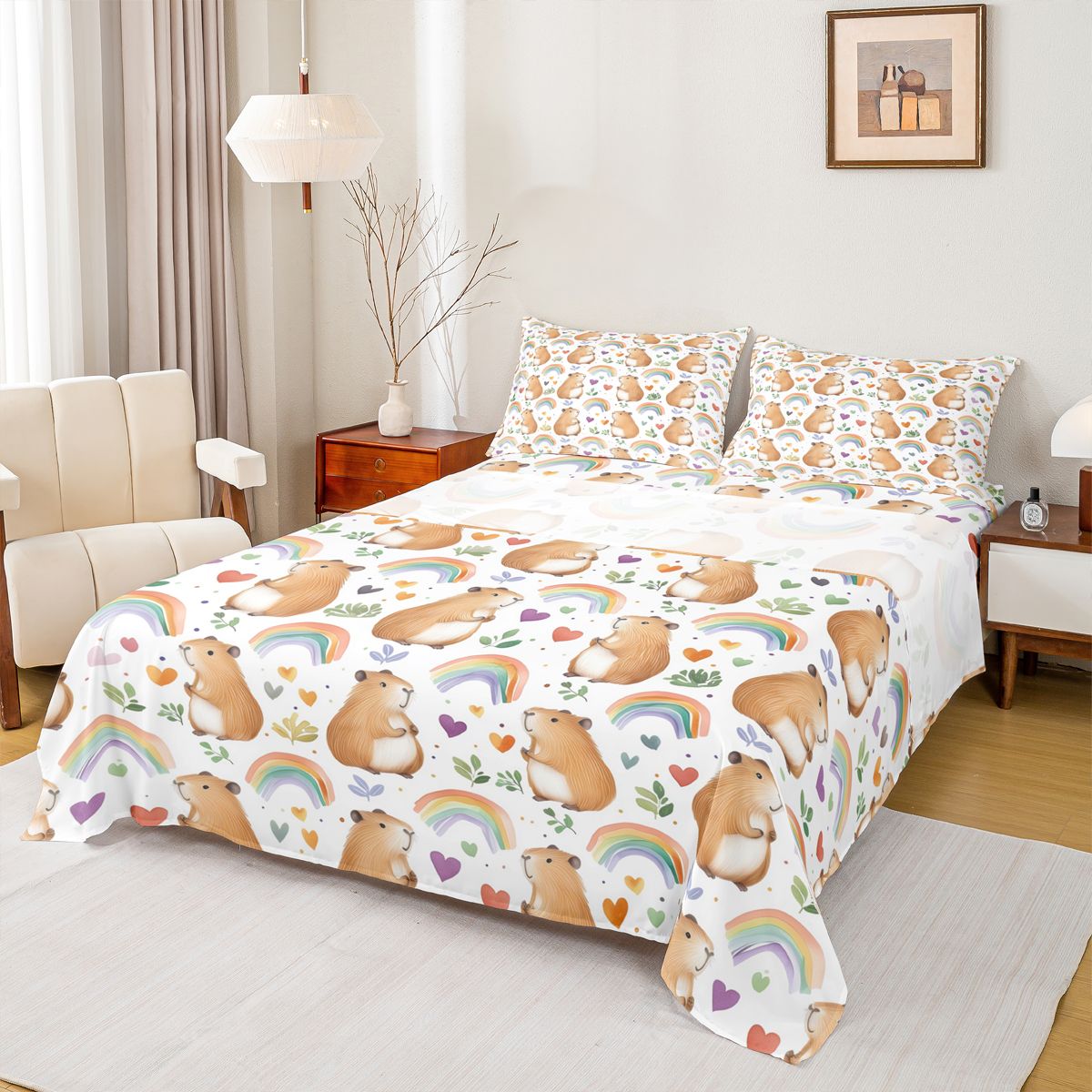 Homewish Funny Capibara Animal Full Size Sheets, Cartoon Rainbow Bed ...