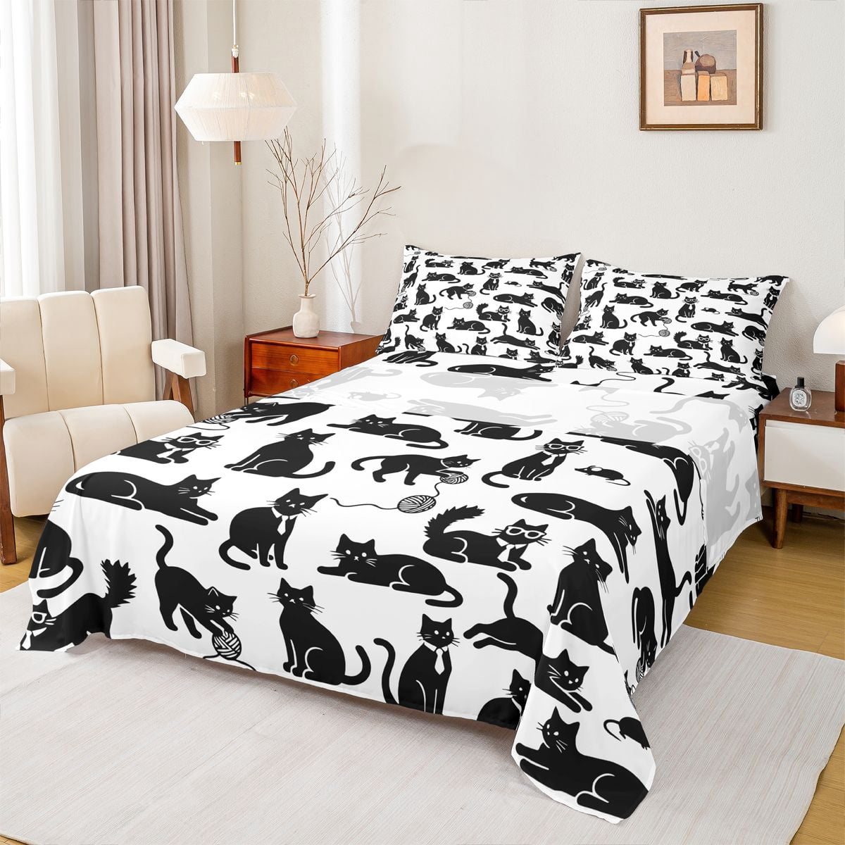 Homewish Funny Cat Kitten Full Size Sheets for Kids, White Black ...
